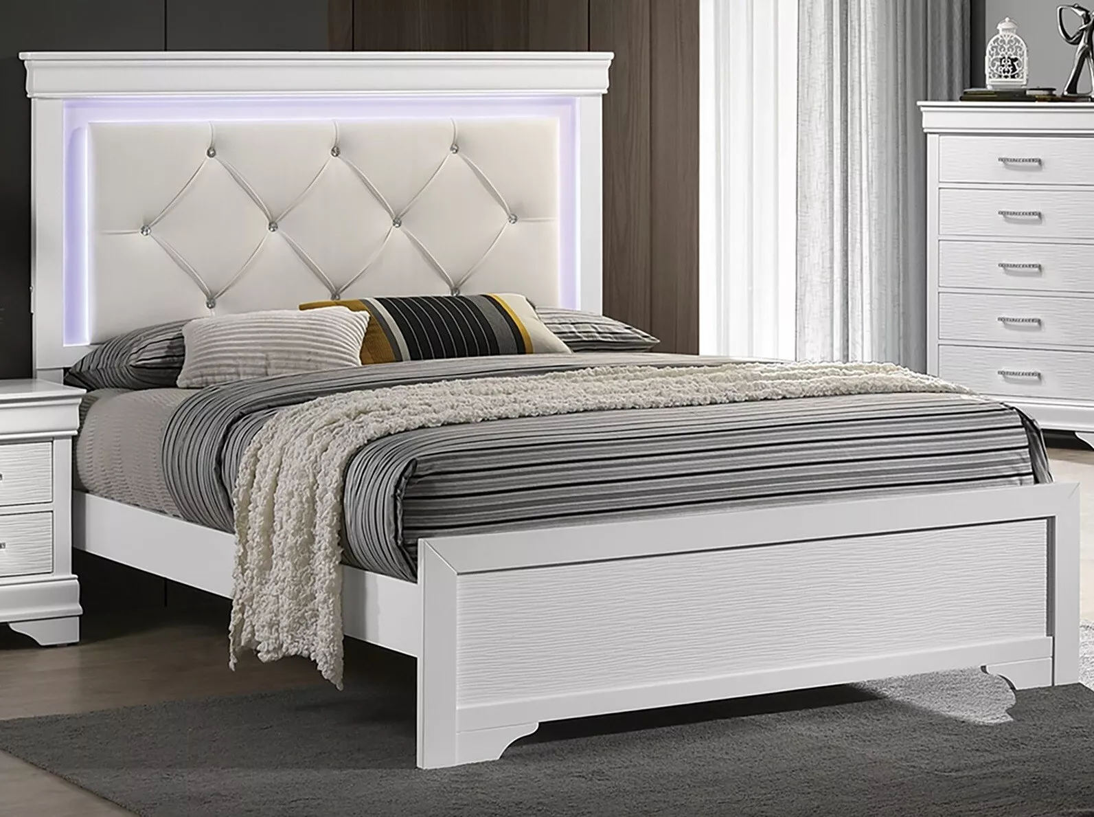 White Color 1pc Queen Size Bed Bedroom Set Panel Bed w LED Unique Tufted HB Texture FB Wooden ...