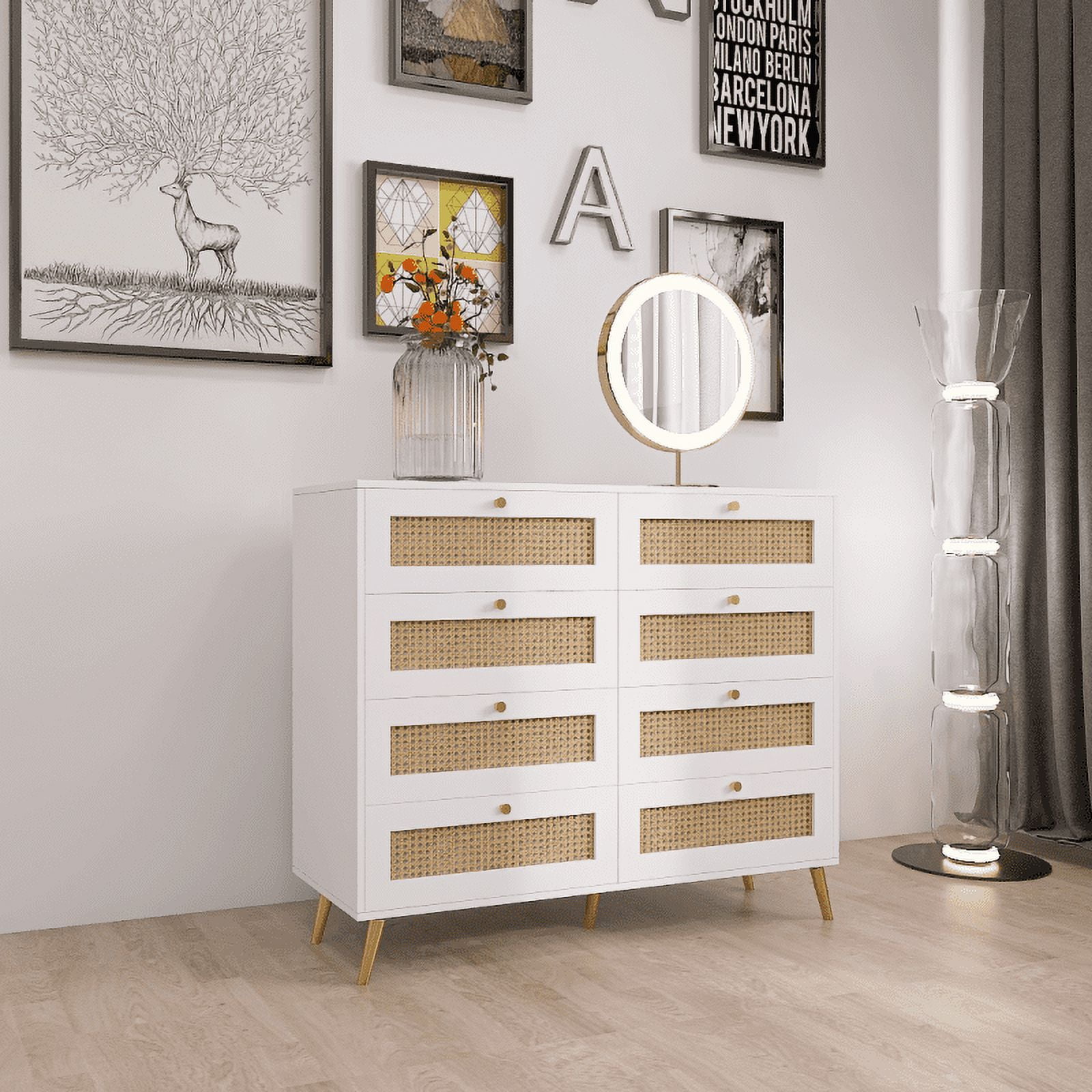 White Color 8 Drawers Chest of Drawers with Rattan Drawer Face Golden ...