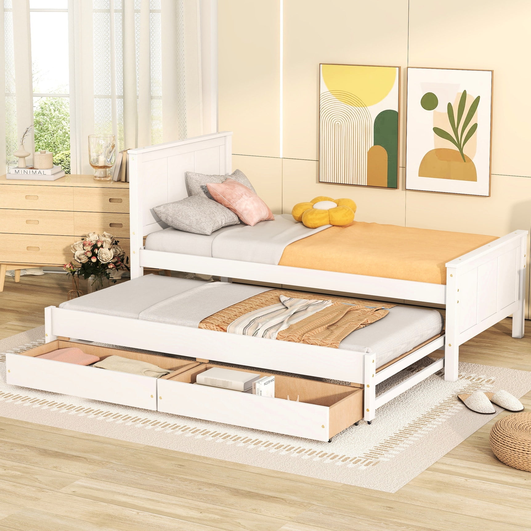 White Color Bed - Drawer Organization and Trundle for Guests - Bedroom ...