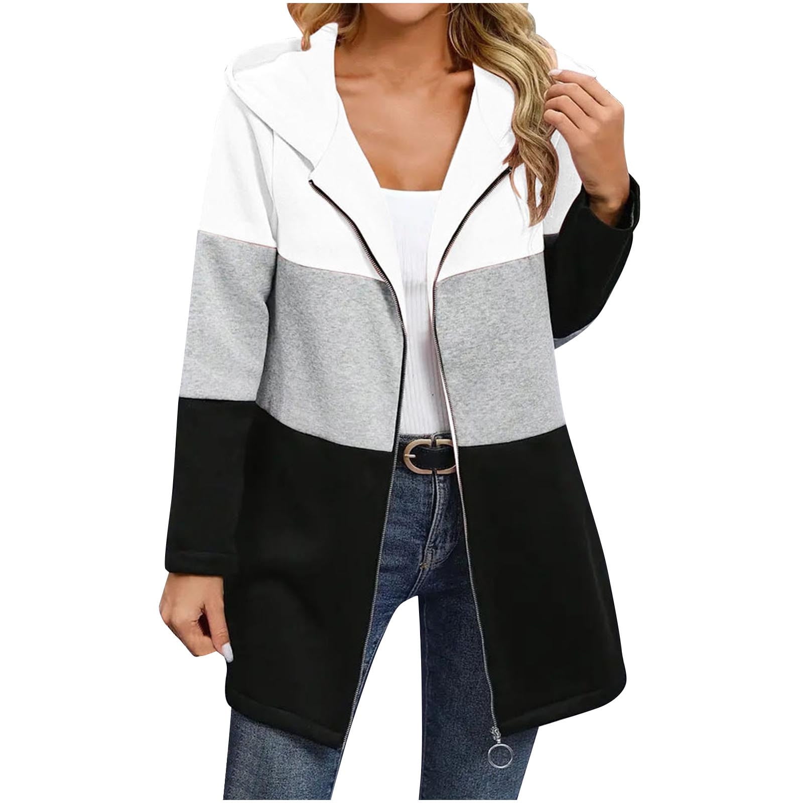 White Color Block Graphic Hoods for Women Fall Winter Long Sleeve Vneck ...