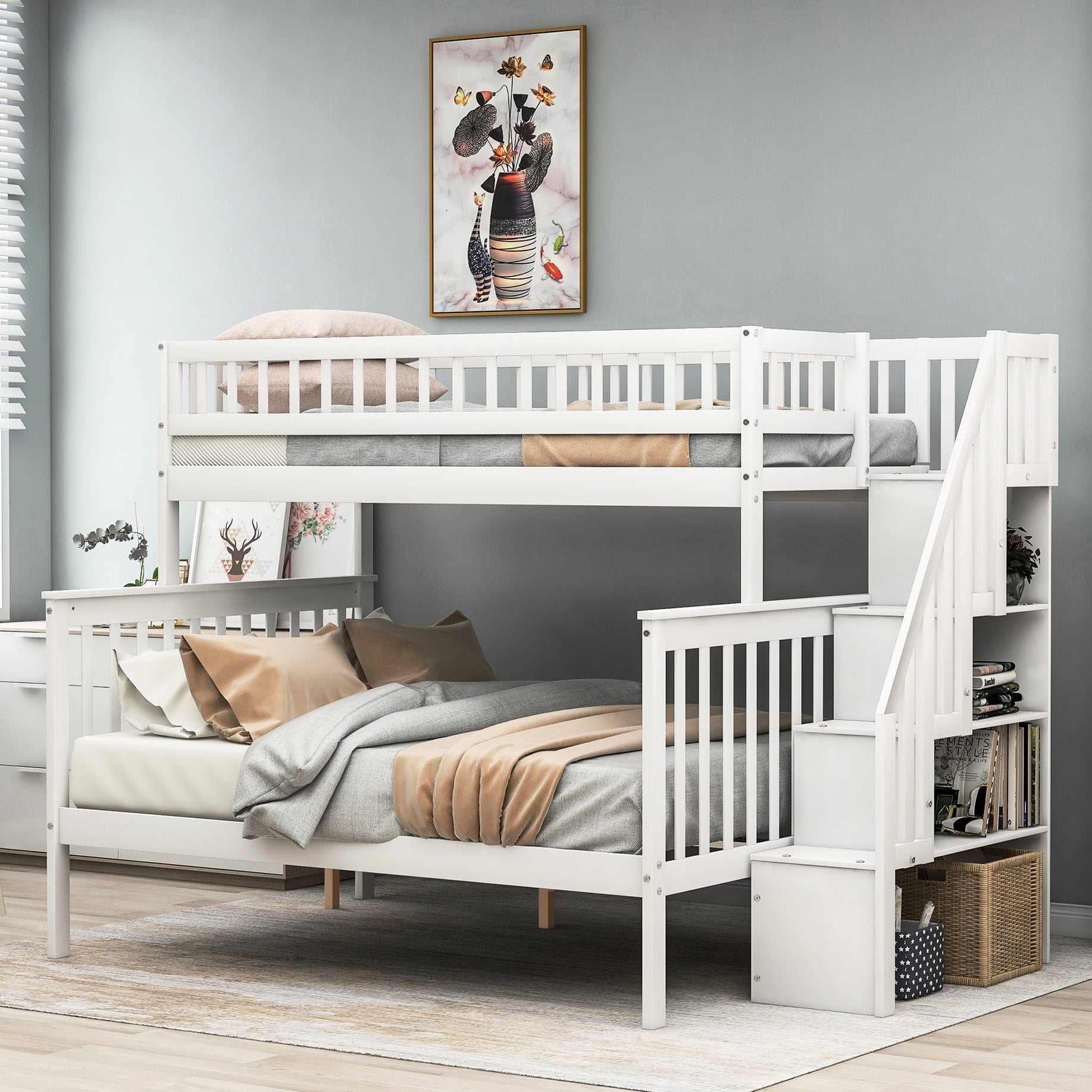 White Color - Divide into Two Beds - Shared Room - Pine Wood Bunk Bed ...