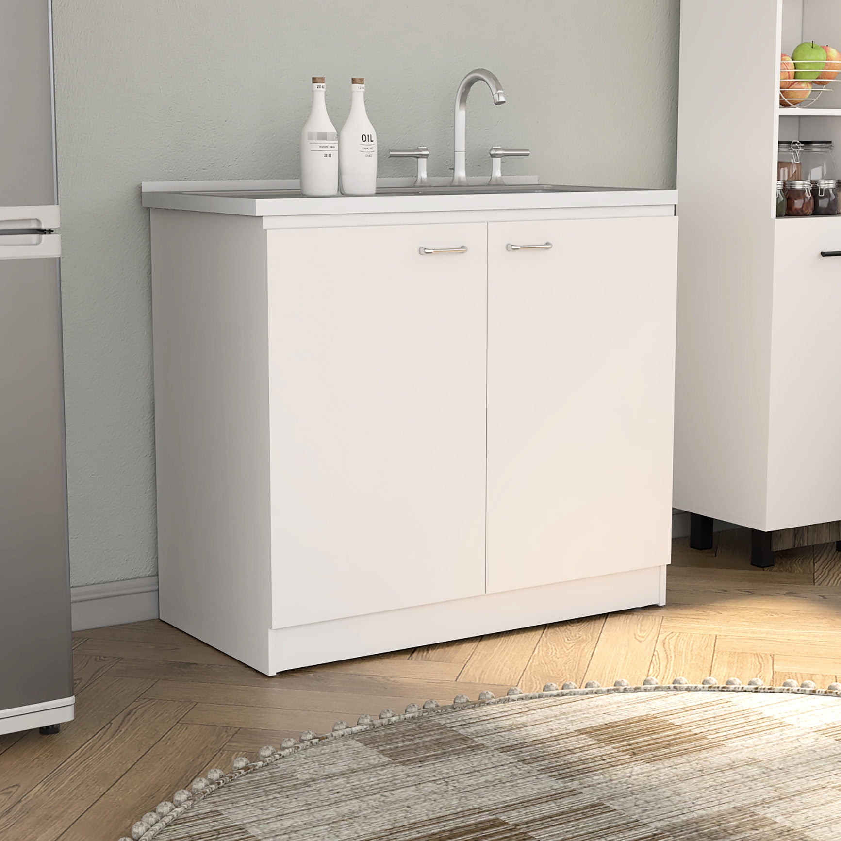 White Color Scheme - Shelves for Keeping - Kitchen Layout ...