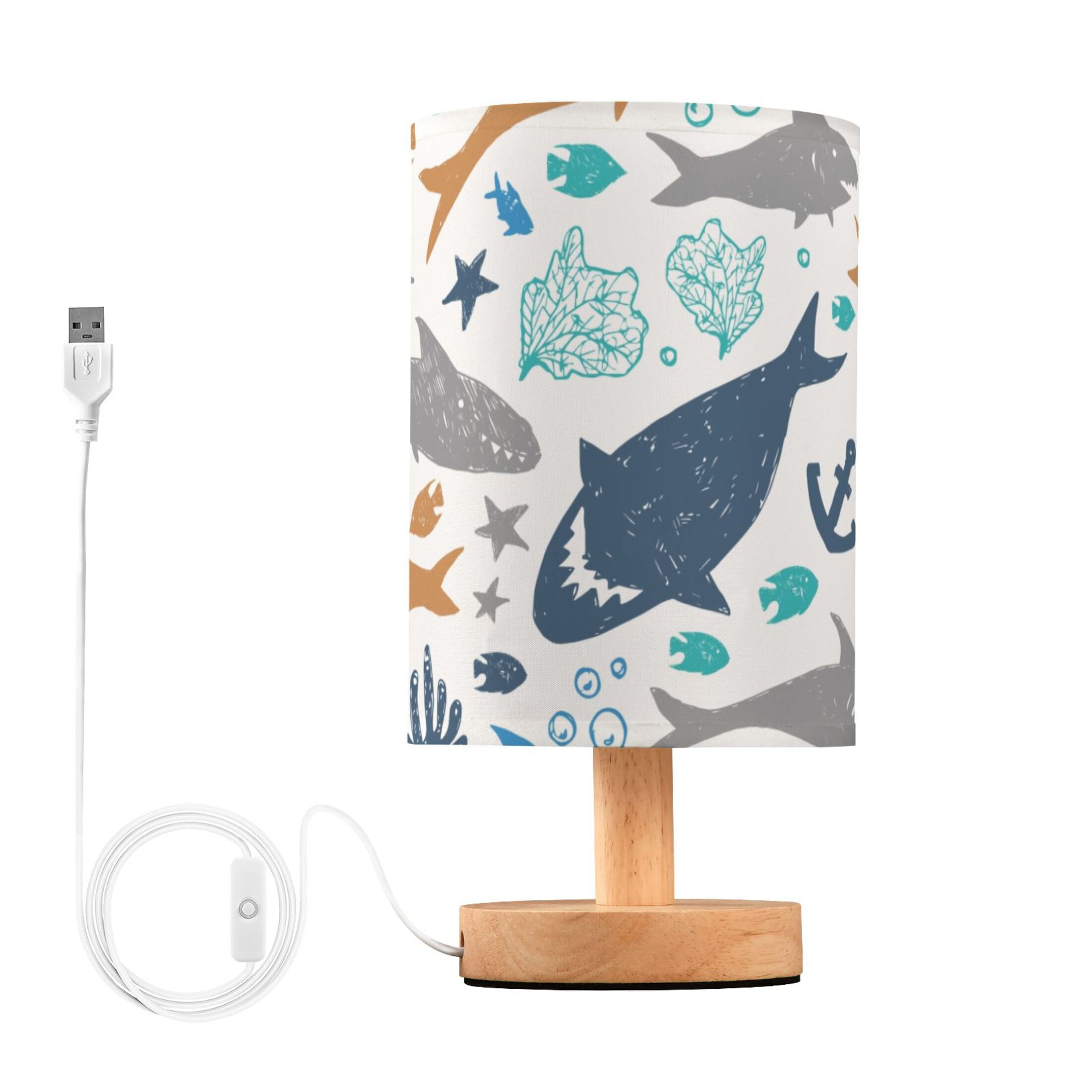 White Colourful Cute Shark Bedside Table Lamp LED Warm Lights with USB ...