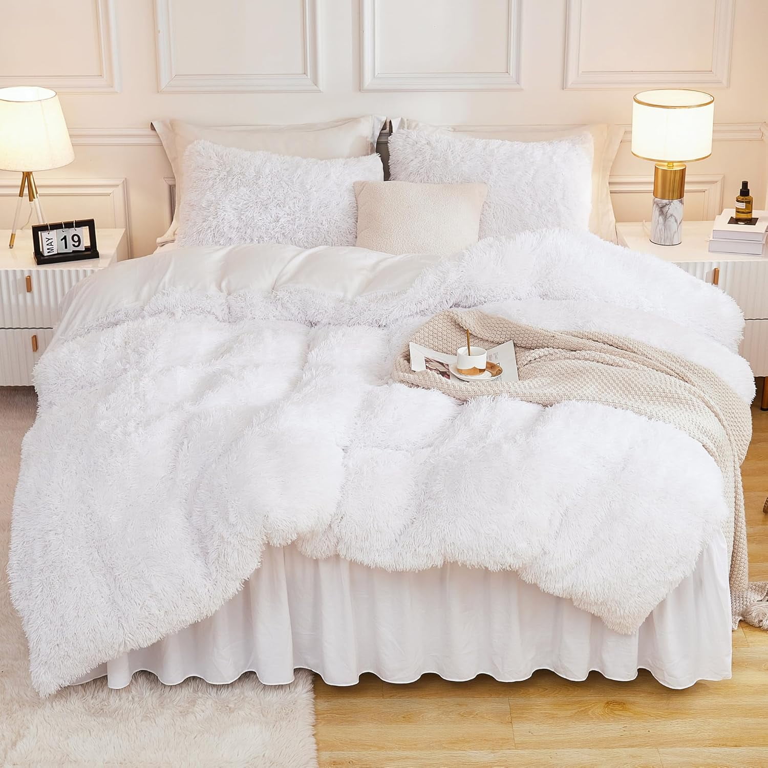 White Comforter Full Size Set, 3 Pieces Fluffy Faux Fur Warm Soft Fuzzy ...