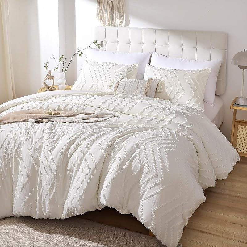 White Comforter Queen Size 3Pcs, Boho Chevron Queen White Farmhouse ...