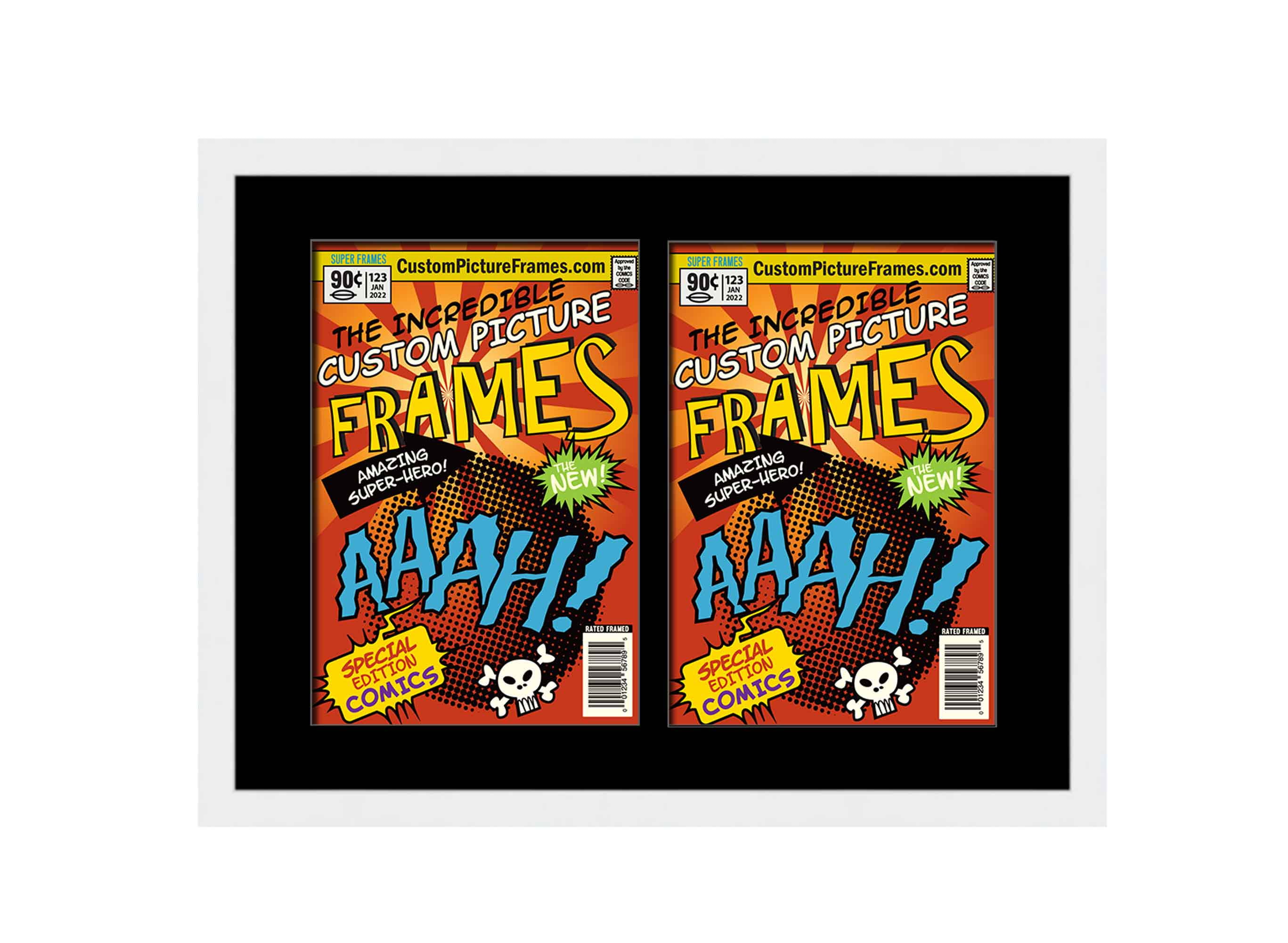White Comic Book Frame with Black Mat - 2 Openings to Display 2 7.75 ...