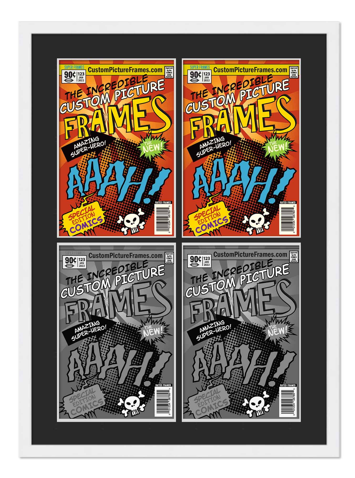 White Comic Book Frame with Black Mat - 4 Openingss to Display 4 6.875 ...