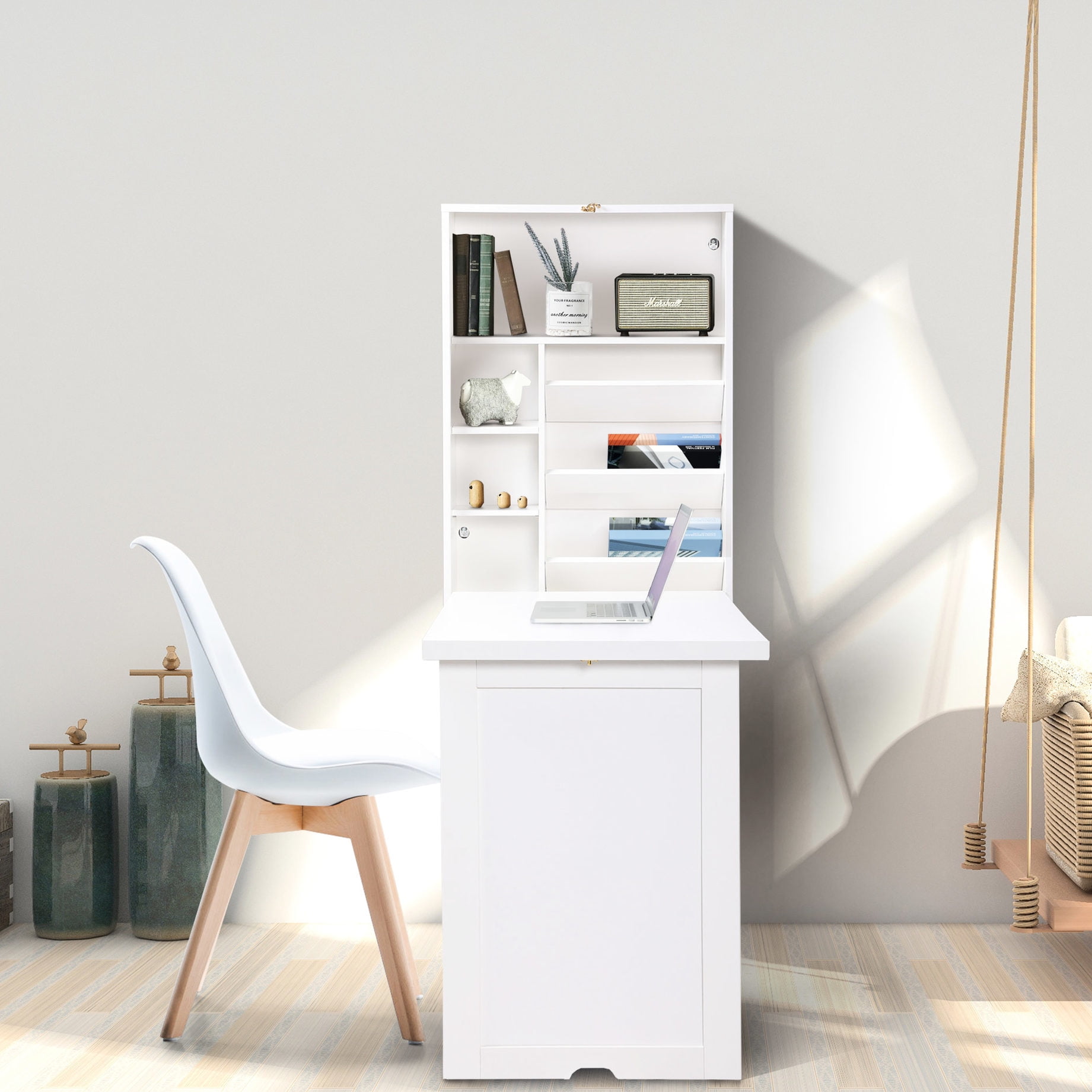 White Compact Wall Mounted Desk with Storage Serves Home Office Well ...