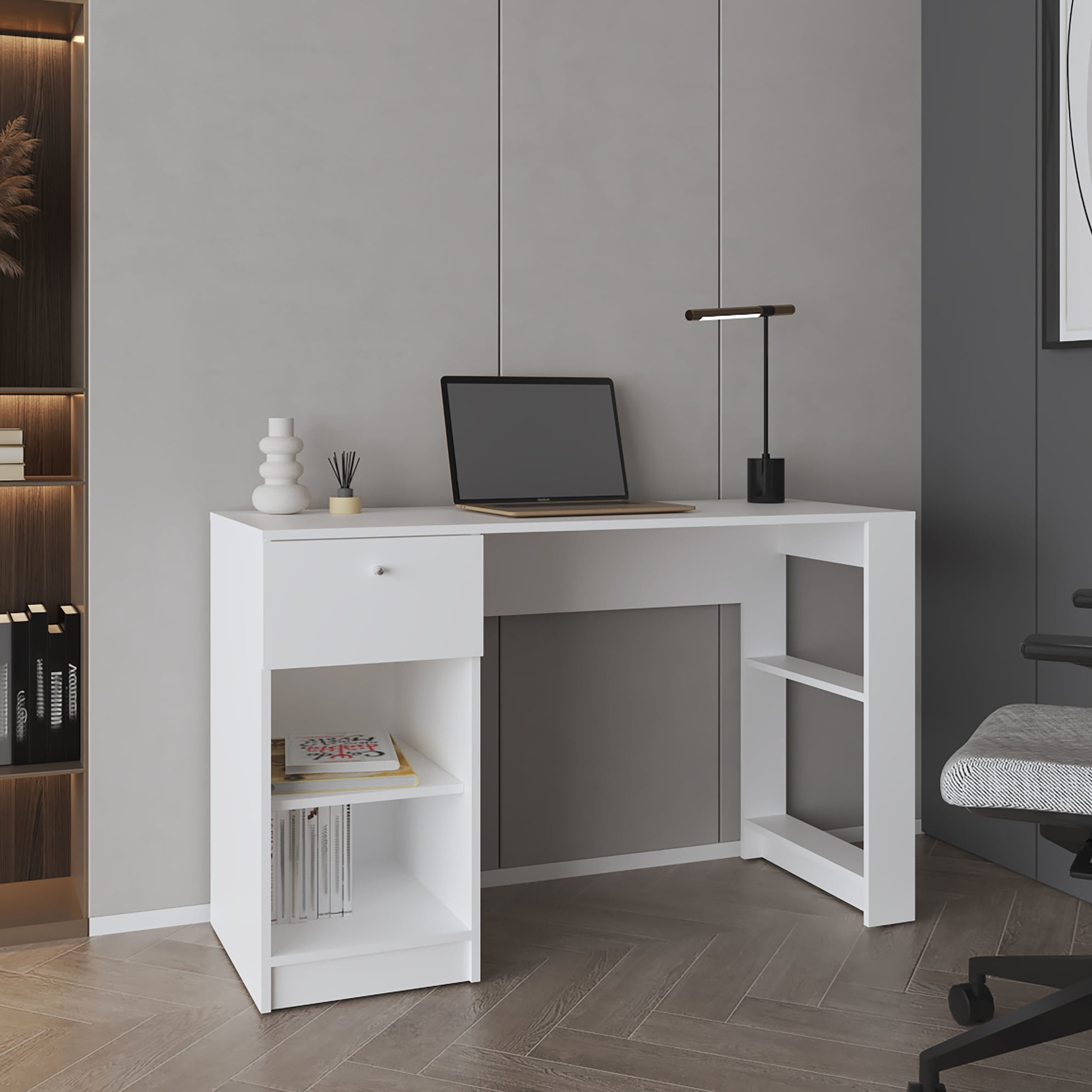 White Computer Desk With 1 Drawer & 2 Shelves. Stores Office Supplies ...