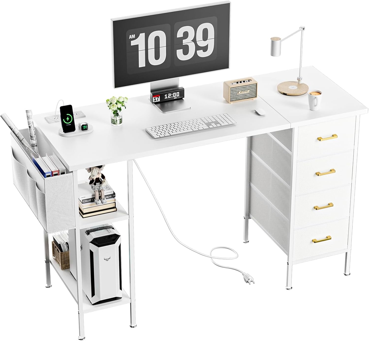 White Computer Desk with 4 Fabric Drawers & Storage Shelves, 47 Inch ...