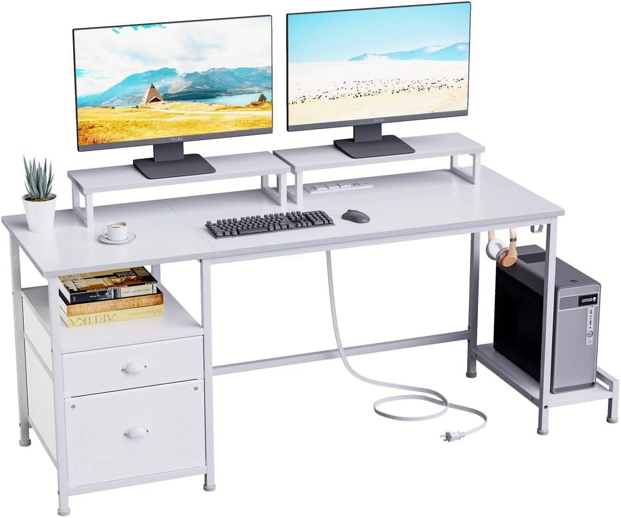 White Computer Desk with Drawer and Power Outlets, 55" Large Gaming ...