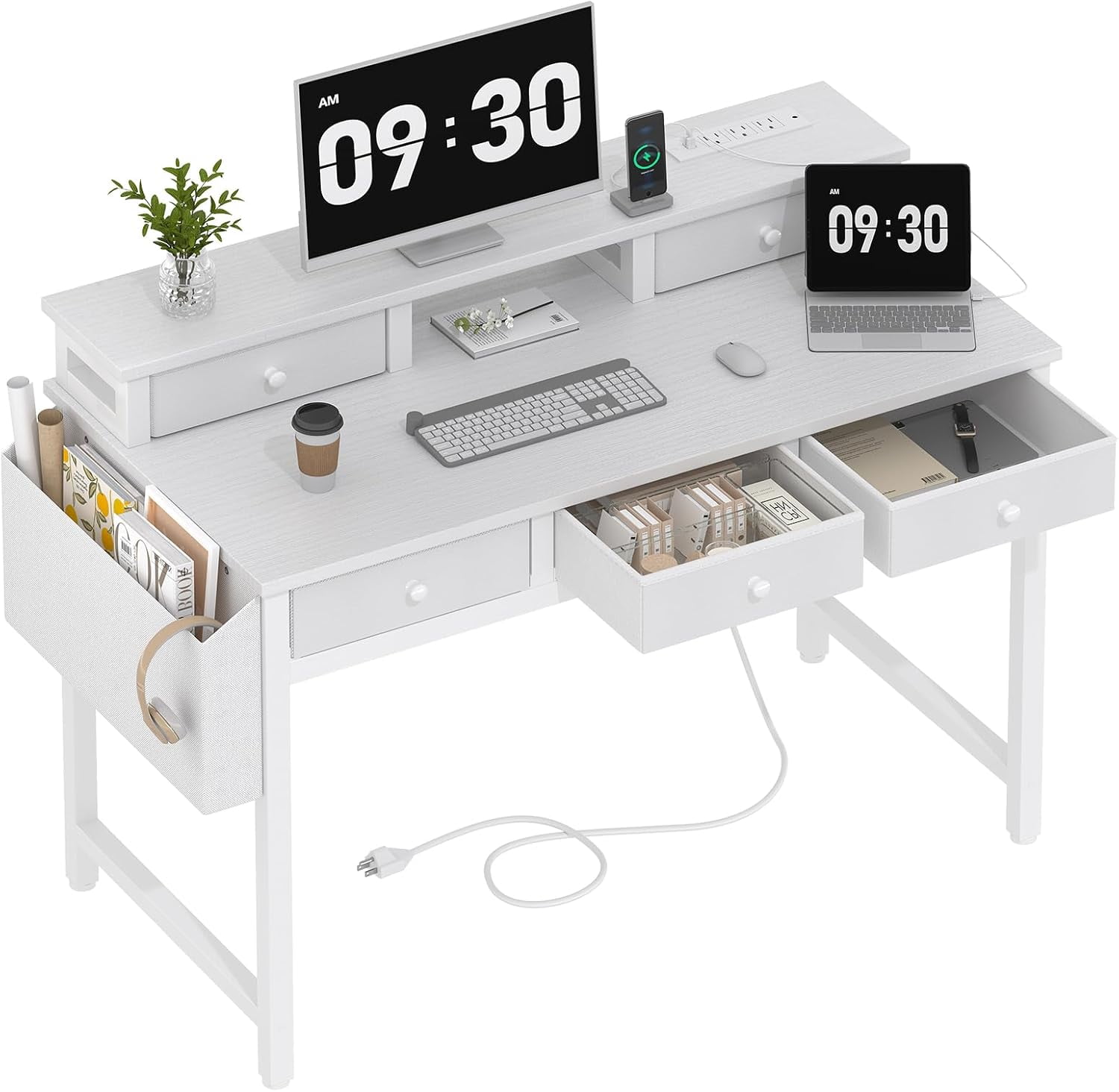 White Computer Desk with Fabric Drawers for Home Office, 40 inch Vanity ...