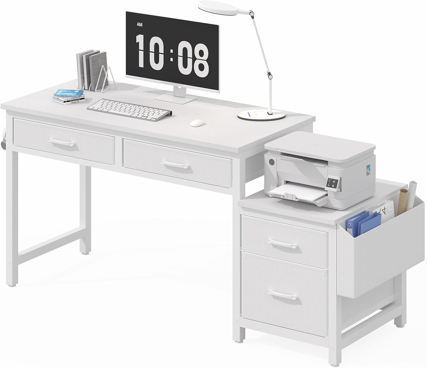 White Computer Desk with Fabric File Drawers Cabinet, 40 Inch Home ...