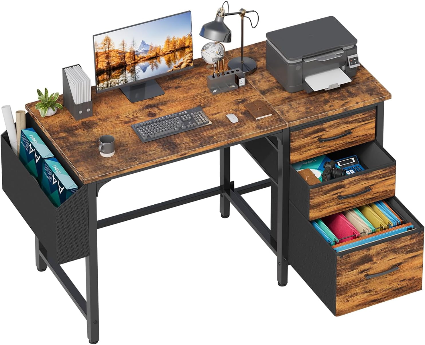 White Computer Desk with Fabric File Drawers Cabinet, 47 Inch Home ...