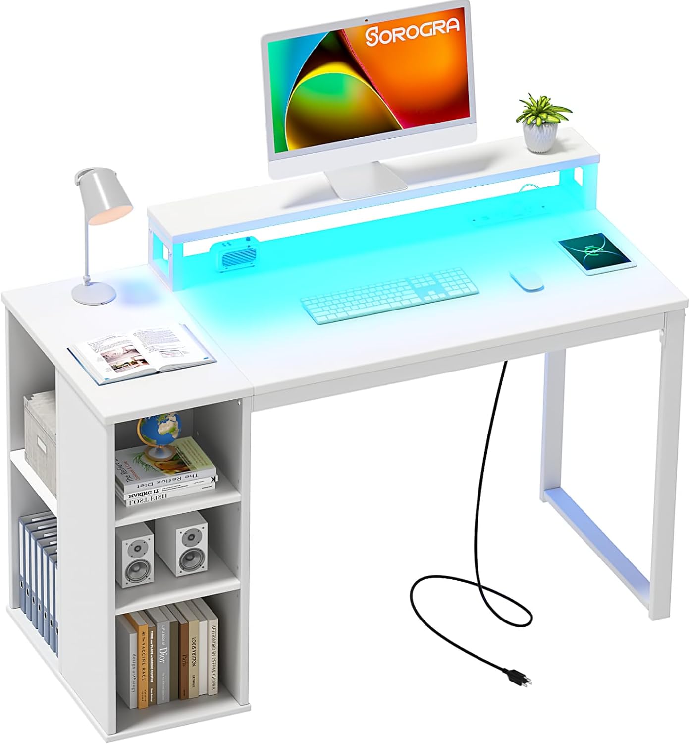 White Computer Desk with LED Lights and Power Outlets 39.4 inch Home ...