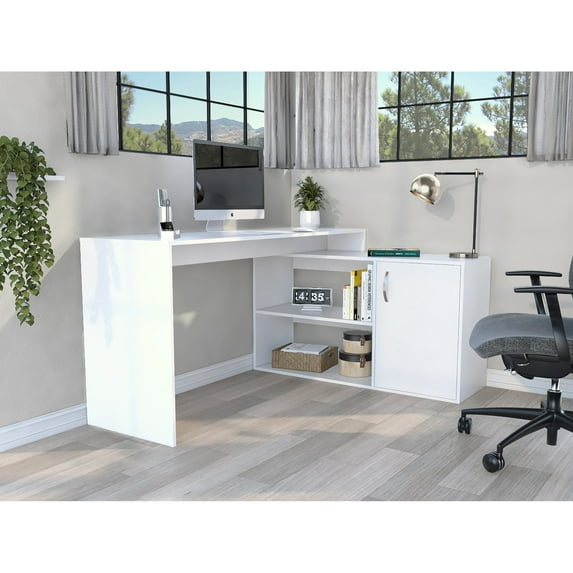 White Computer Desk - Open & Closed Storage - Office Environment ...