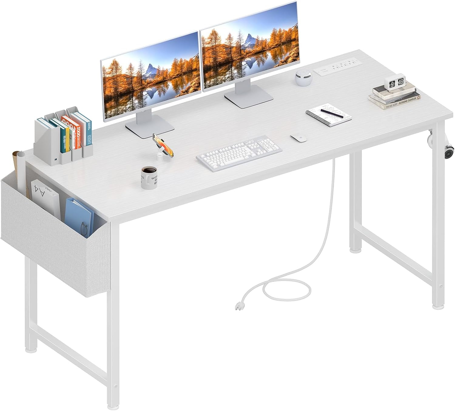 White Computer Desk with Power Outlet, 55 inch Teen Study Table Home ...