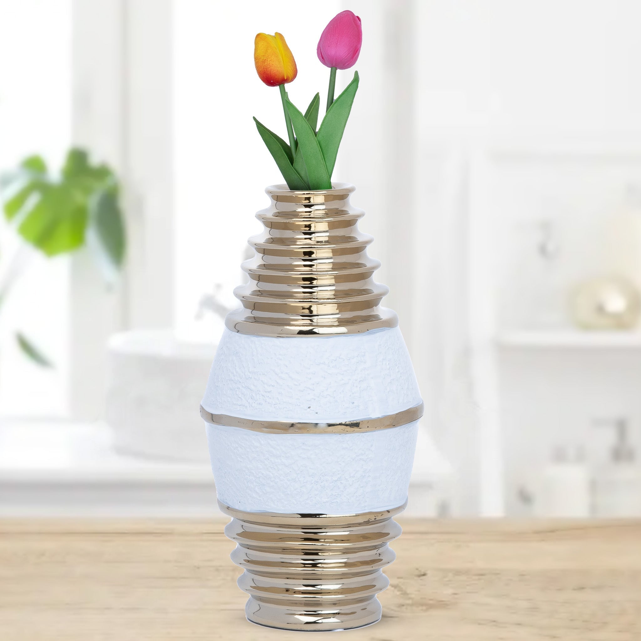 White Cone Vase with Golden Rims, 28 cm, Modern Design, Fresh Flower ...