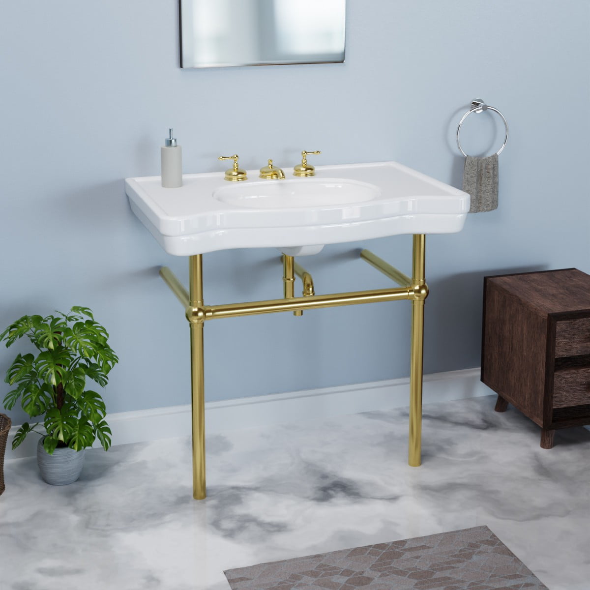 White Console Bathroom Sink 35.5" Wide Wall Mounted Belle Epoque Porcelain Sink with Brass ...