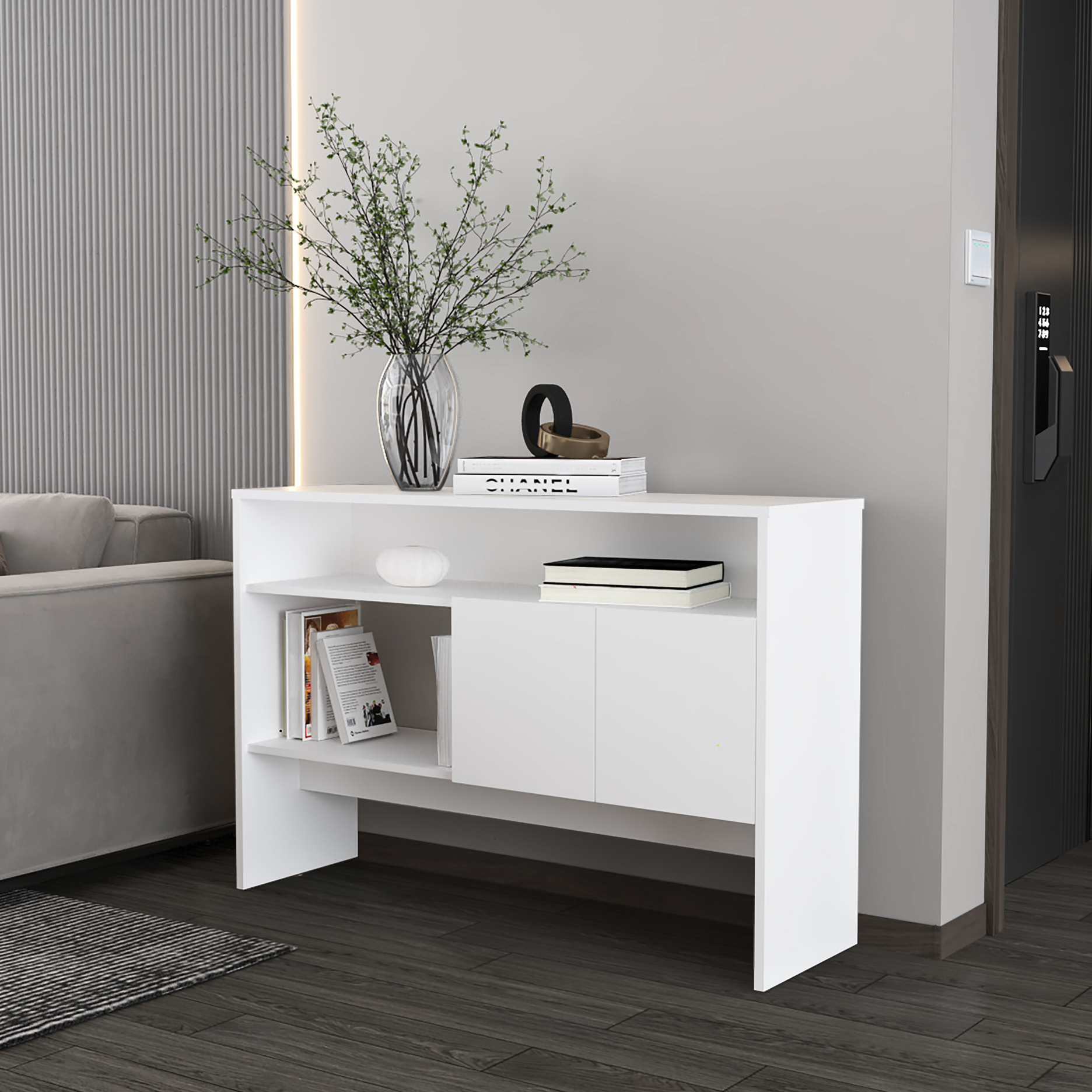 White Console For Living Space With Two-door Concealment And Shelf ...