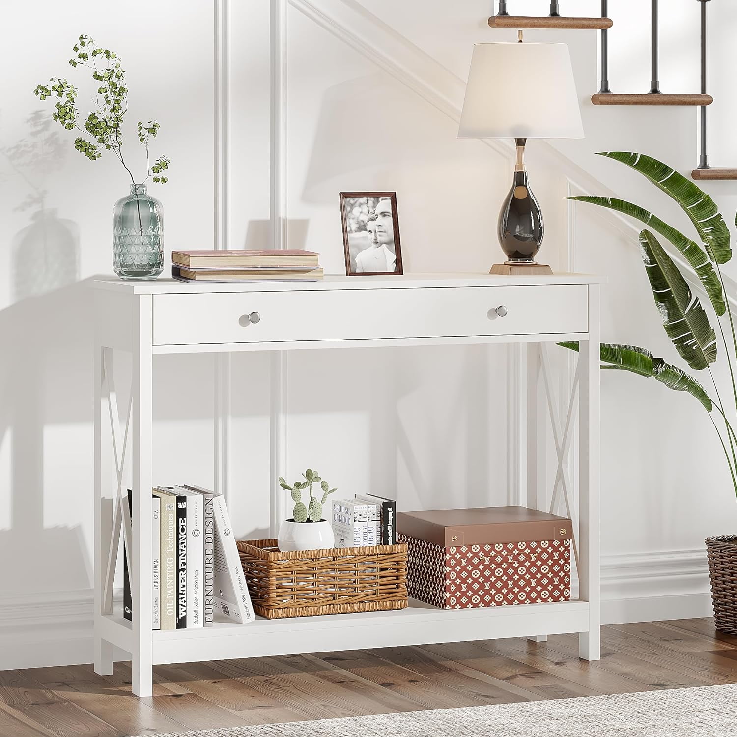 White Console Table with Drawer and Storage Shelves, Foyer Sofa Table ...
