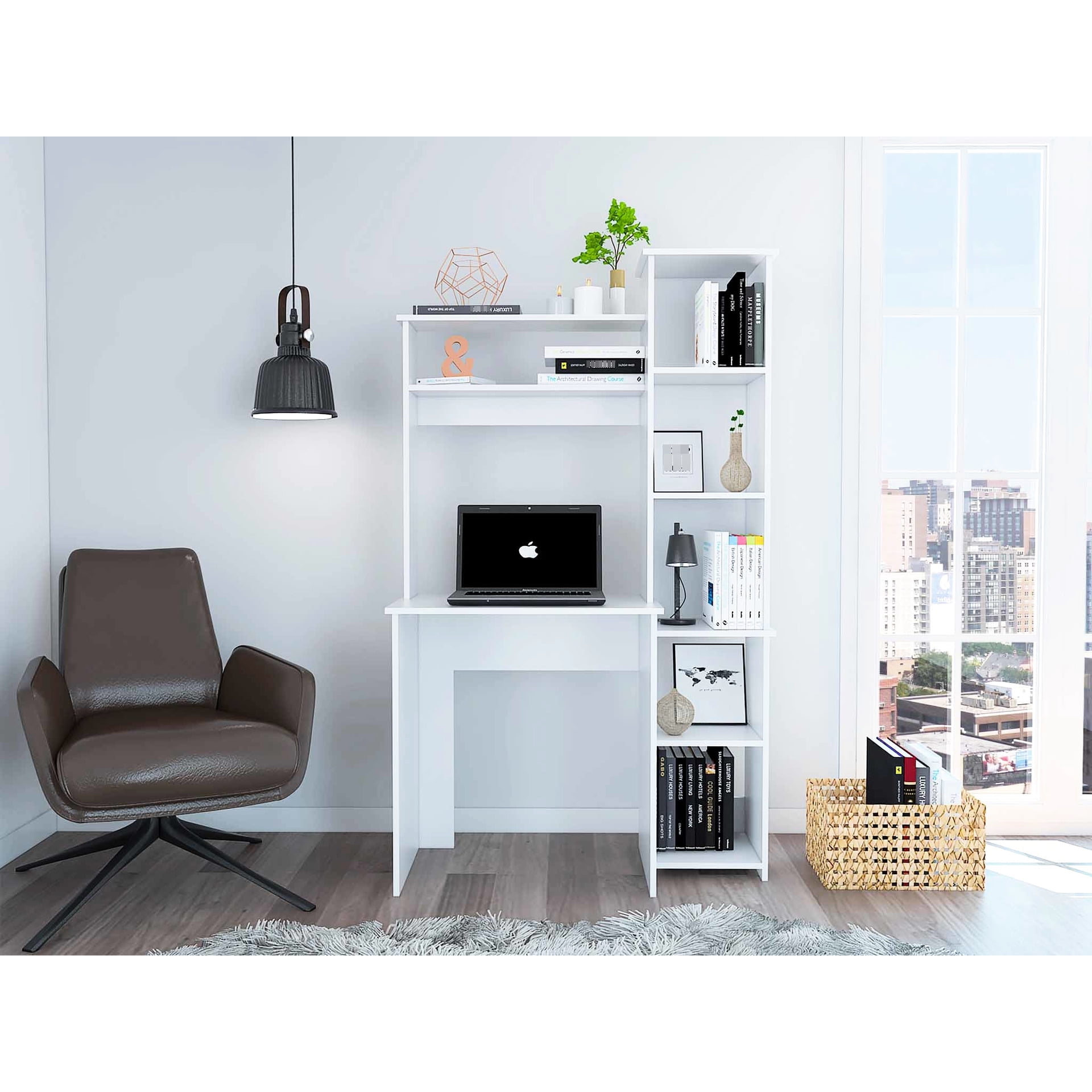 White Contemporary Office Desk With Six Shelves - Computer Workstation ...