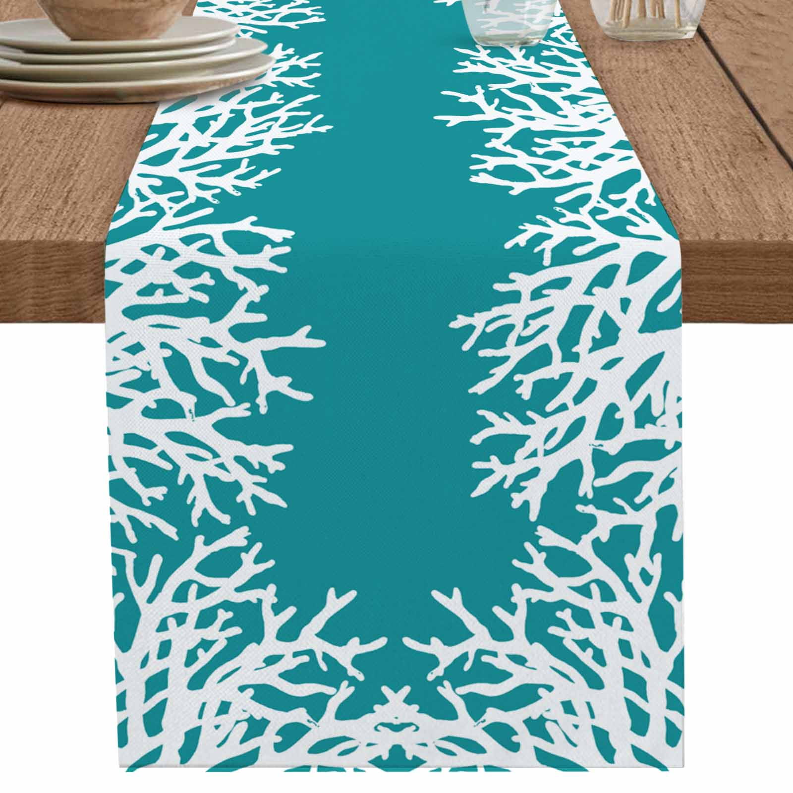White Coral on Teal Green Table Runner-70 Inch Long Marine Modern ...