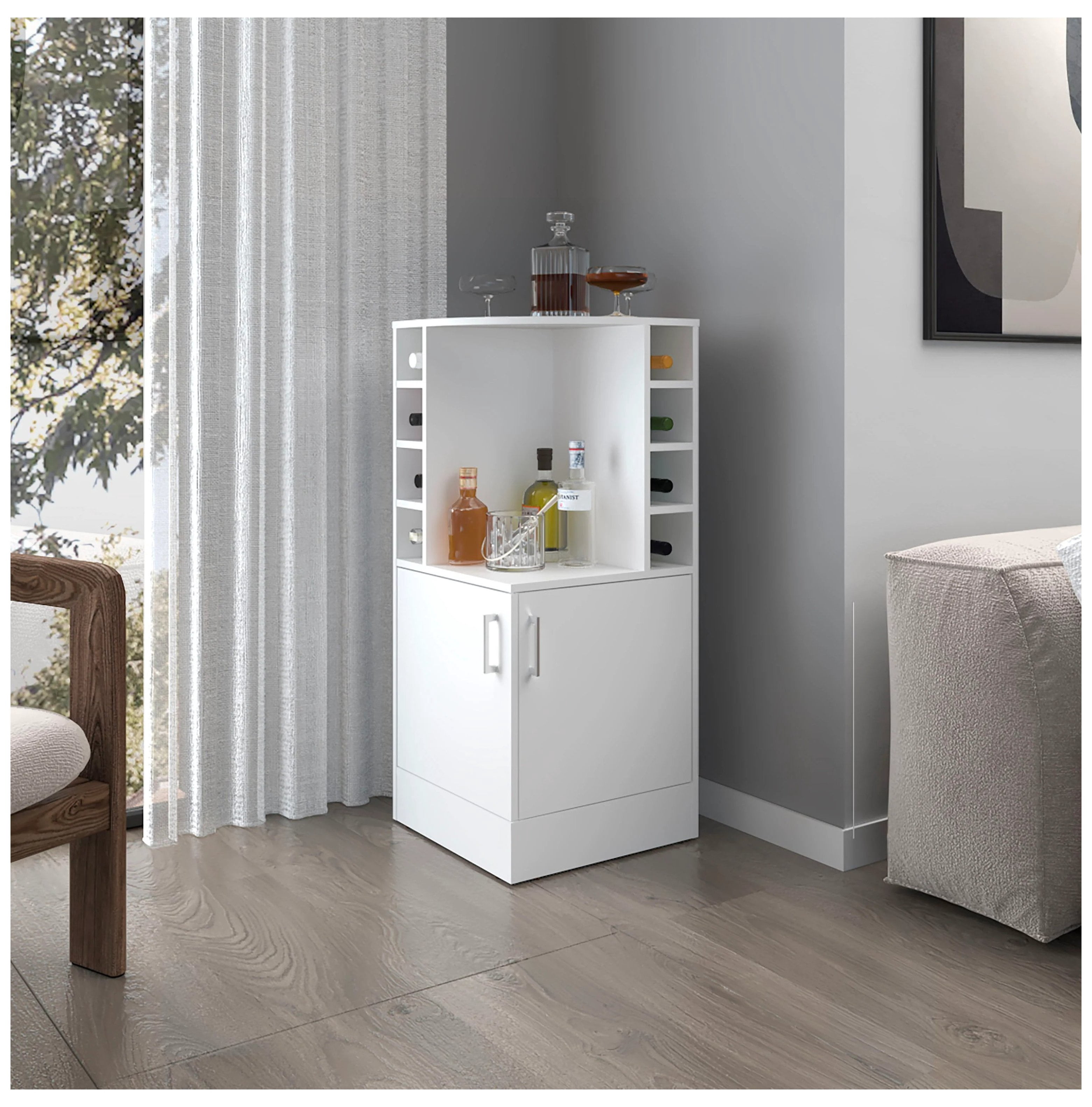 White Corner Bar Cabinet with Bottle Rack - 3-Shelf Tall Bar Storage ...