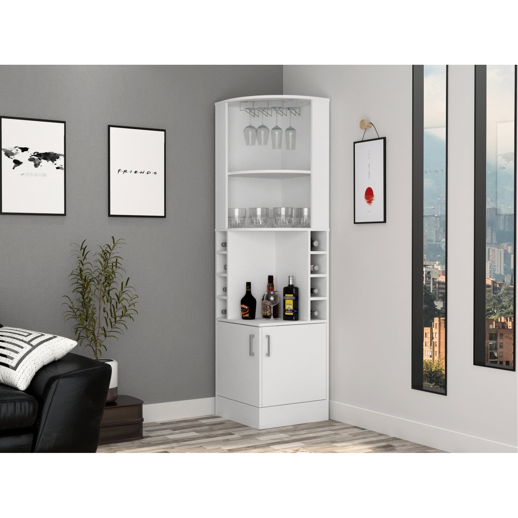 White Corner Bar Storage Cabinet, 2 Doors, 8 Bottles , Shelves, 12 Wine ...