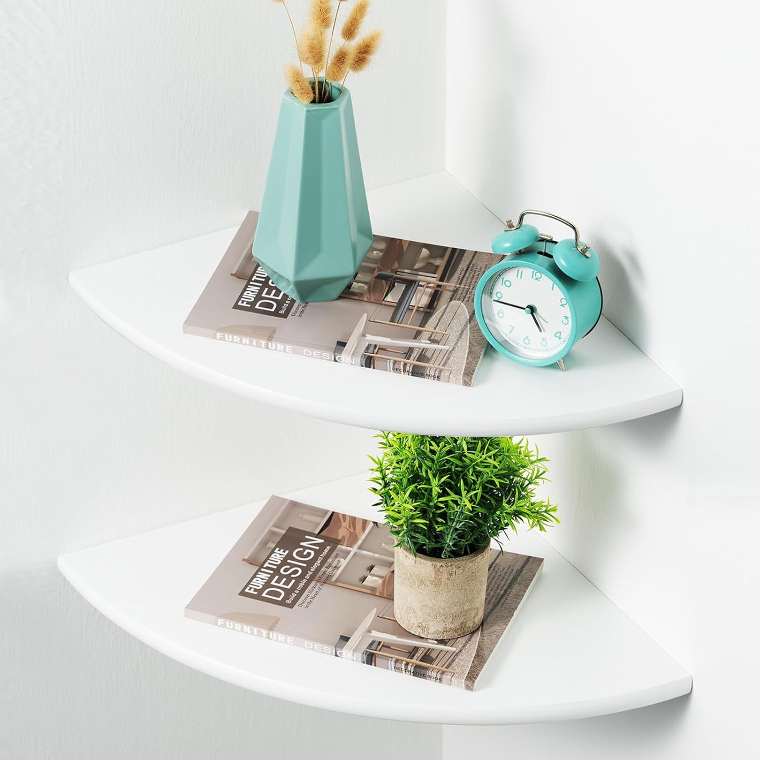 White Corner Shelf, Wall Mount 12 Inch Natural Oak Wood Floating Corner ...