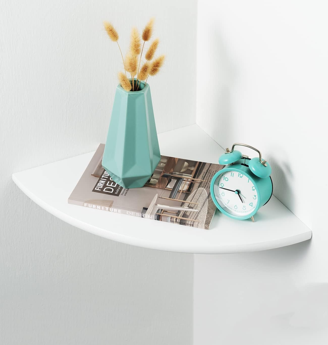 White Corner Shelf, Wall Mount Natural Oak Wood Floating Corner Wall Shelf Round End Small ...