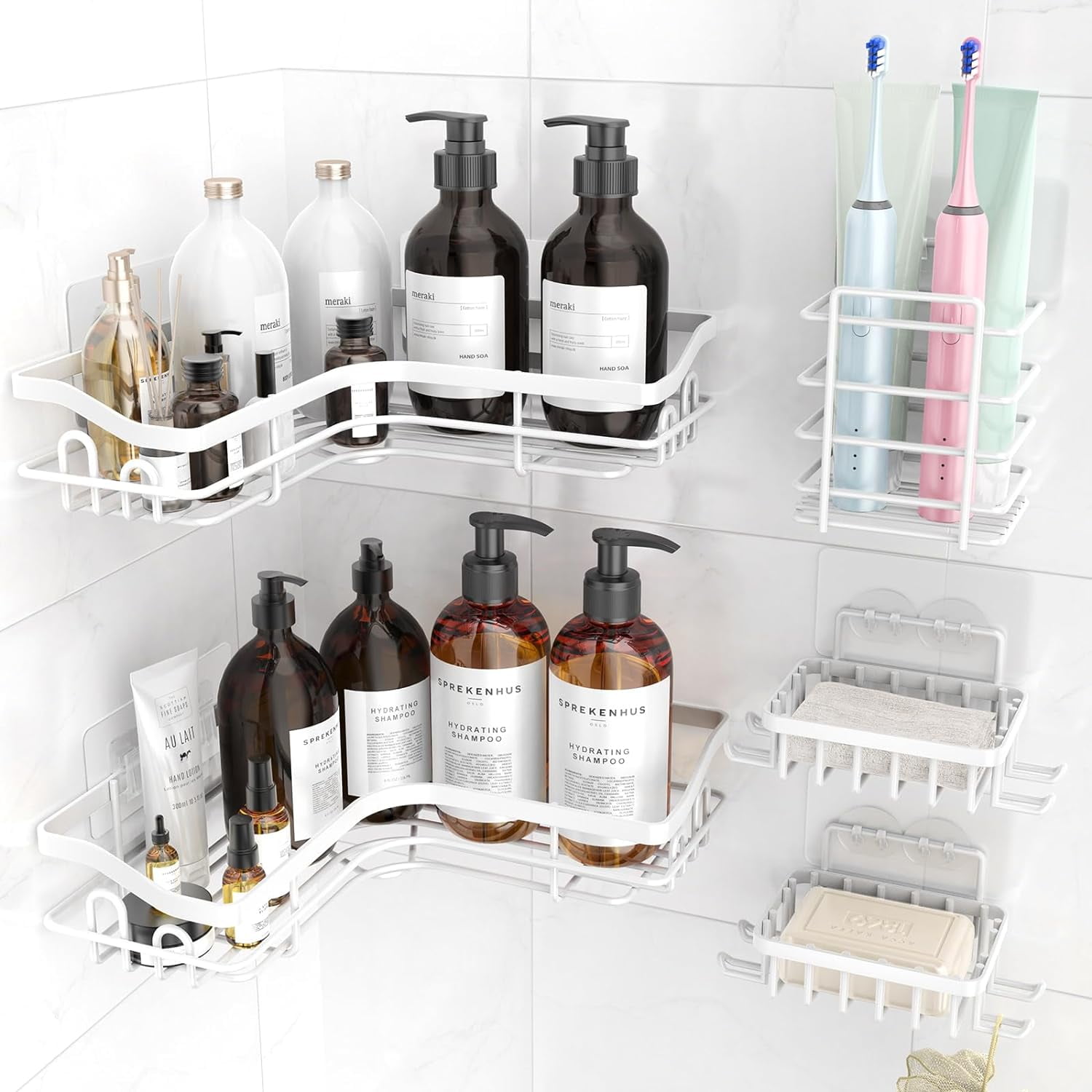 White Corner Shower Caddy, Adhesive Shower Organizer for Bathroom ...