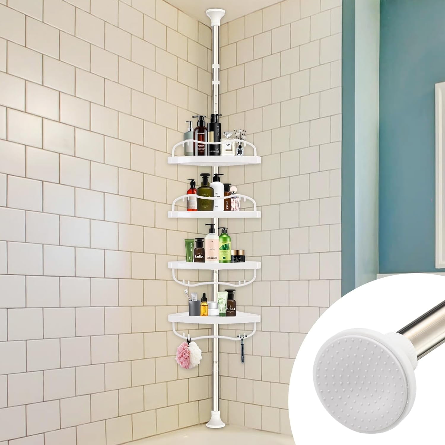 CHEASYOU White Corner Shower Caddy Tension Pole with 4 Adjustable ...
