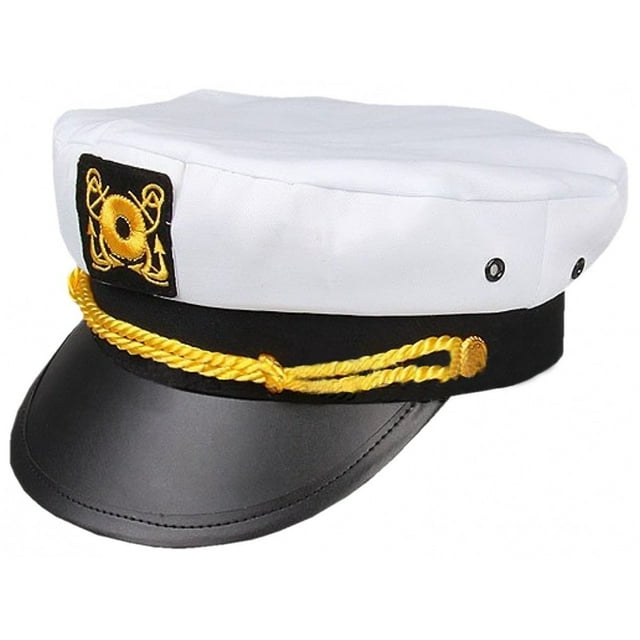 White Cotton Admiral Captain Hat: Sailor Yacht Marine Gold-Accented Cap ...