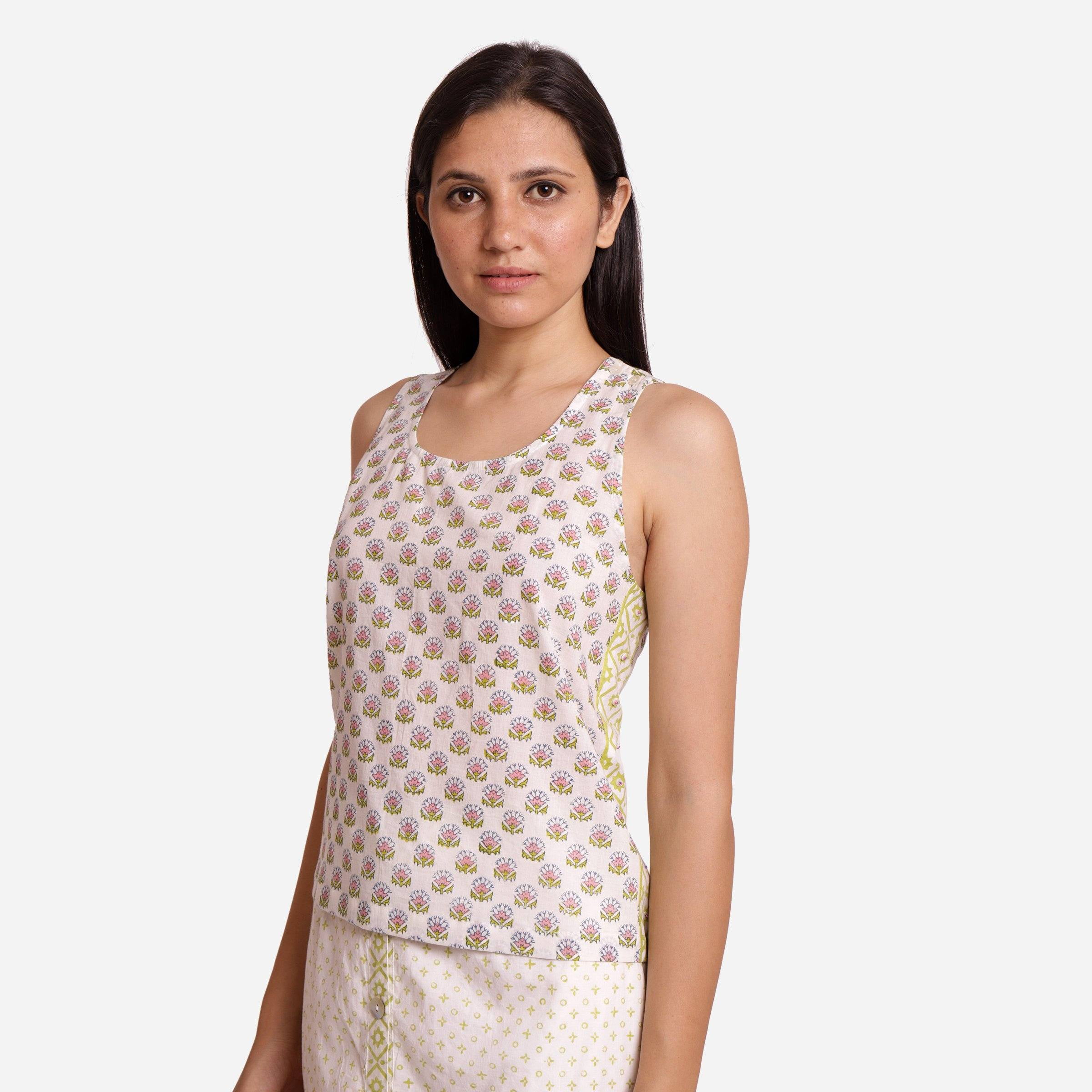 White Cotton Block Print Scoop Neck Tank Top - Walmart.com