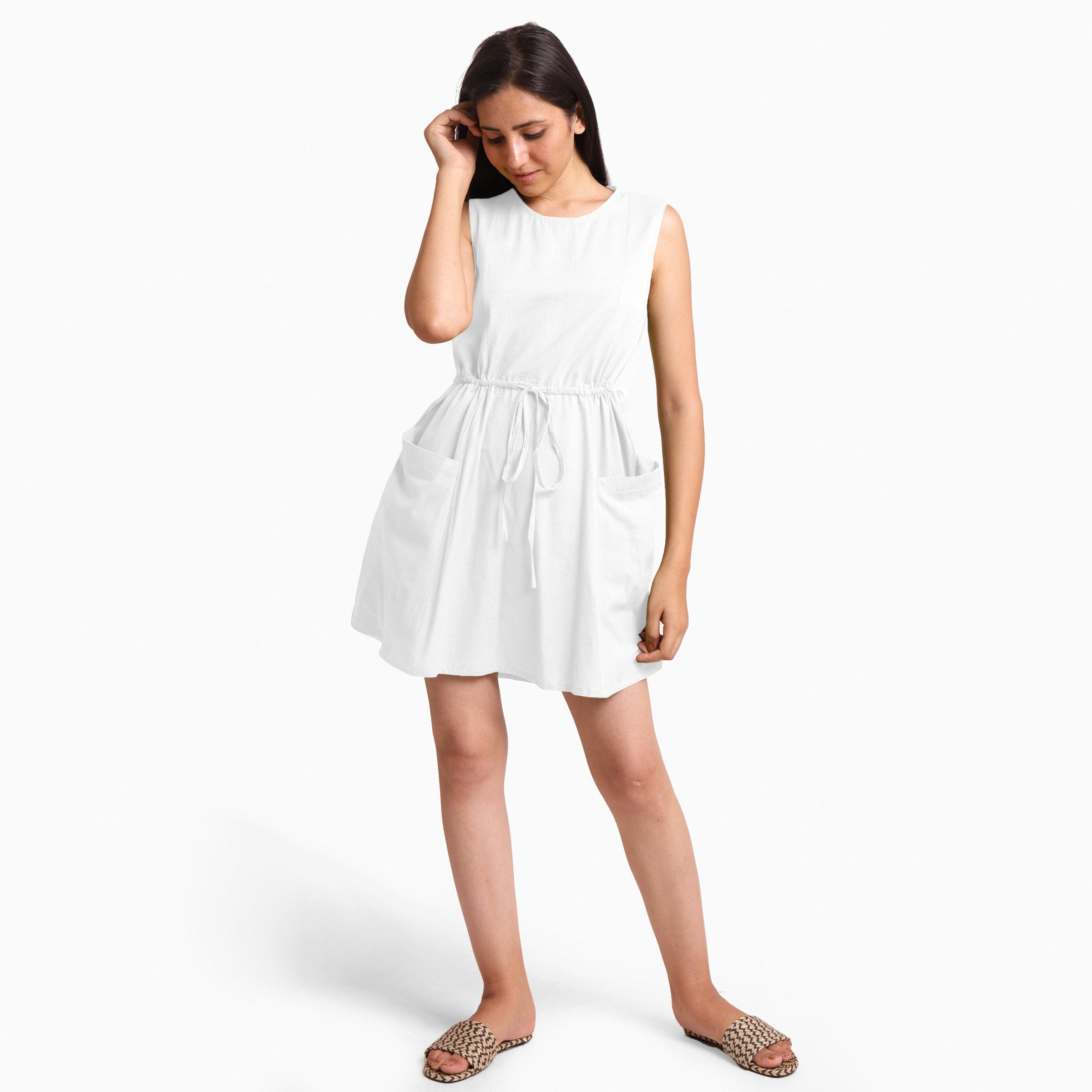 White Cotton Flax Princess Line Short Dress - Walmart.com