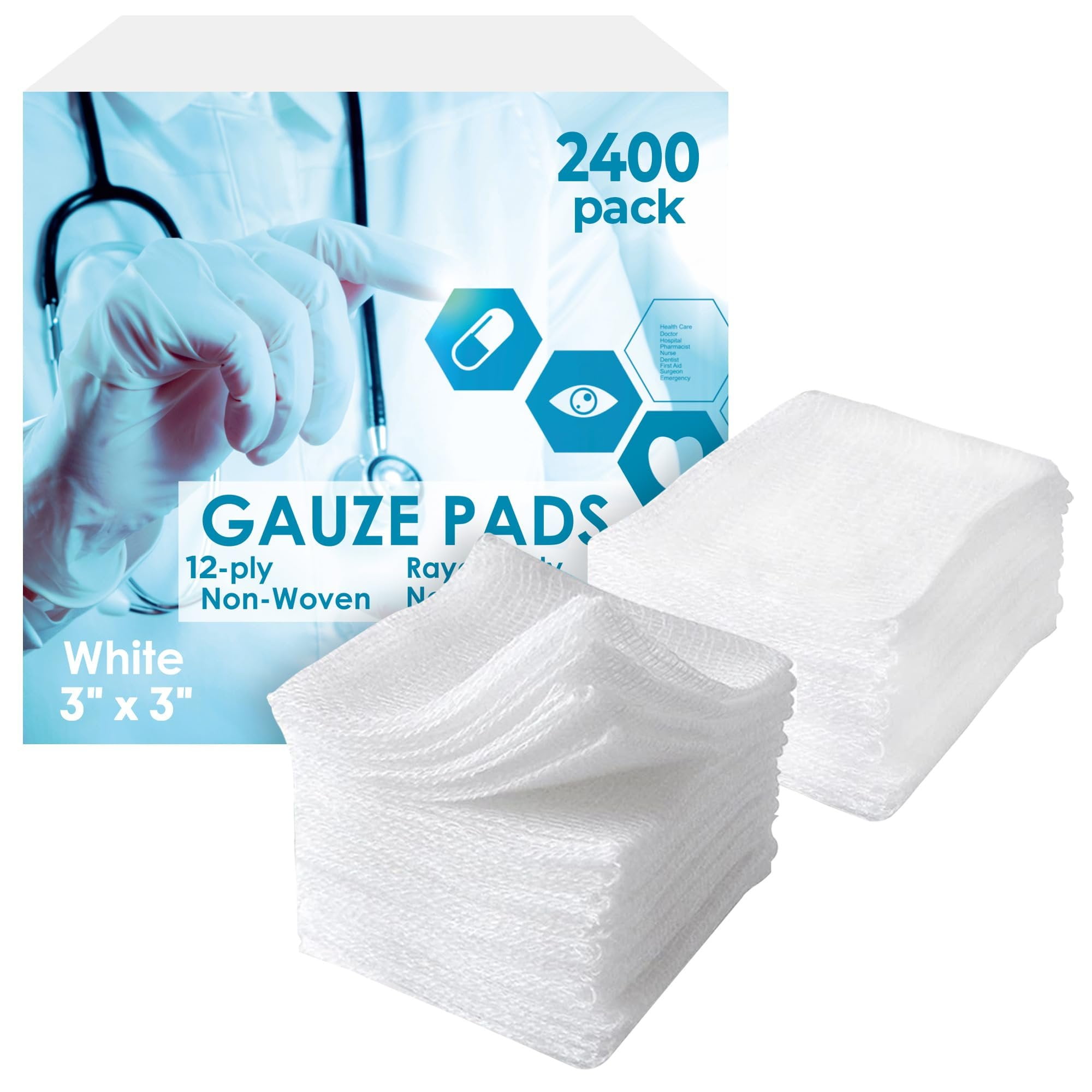 White Cotton Gauze Pads Non Sterile, 3 x 3 Inches. 2400 Pack Disposable ...