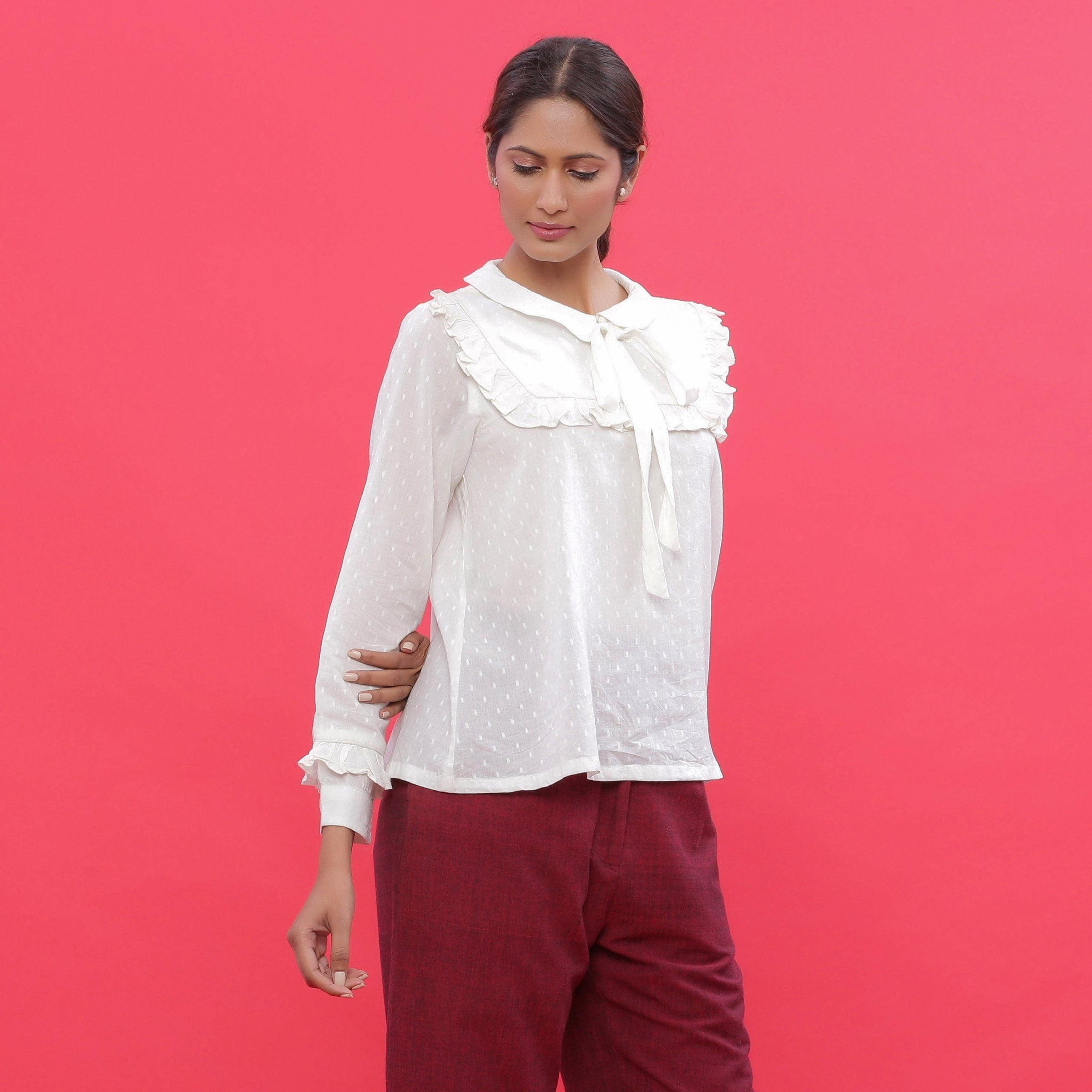 White Cotton Ruffled Yoked Flat Collar Blouse Top - Walmart.com