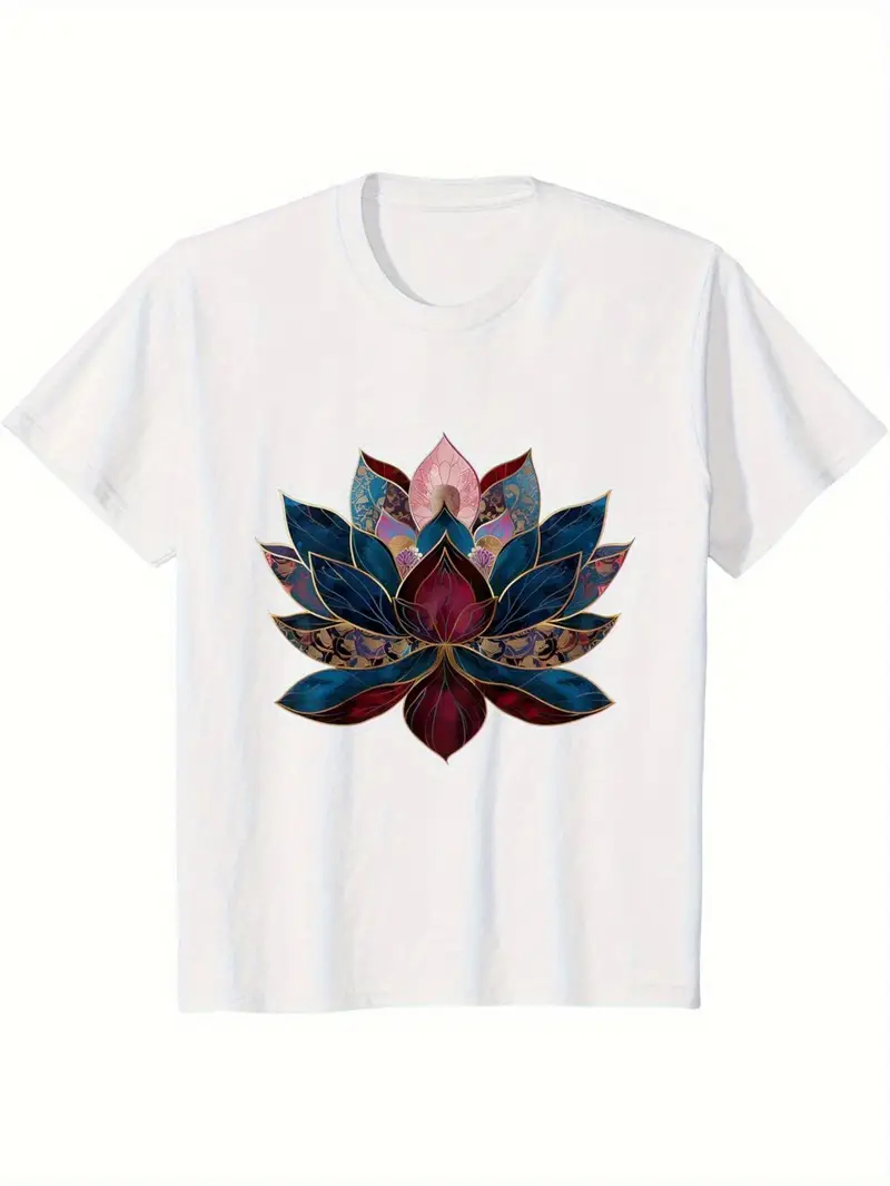 White Cotton Tee Lotus Flower Zen Graphic T-Shirt for Men with Vintage ...