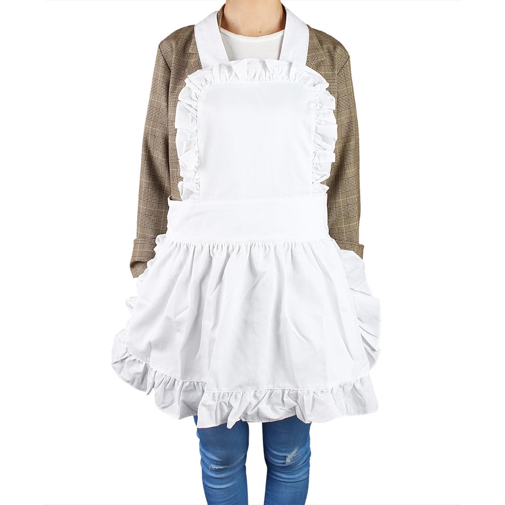 White Cotton Women Maid Apron Ruffle Hem Kitchen Solid Color Apron ...