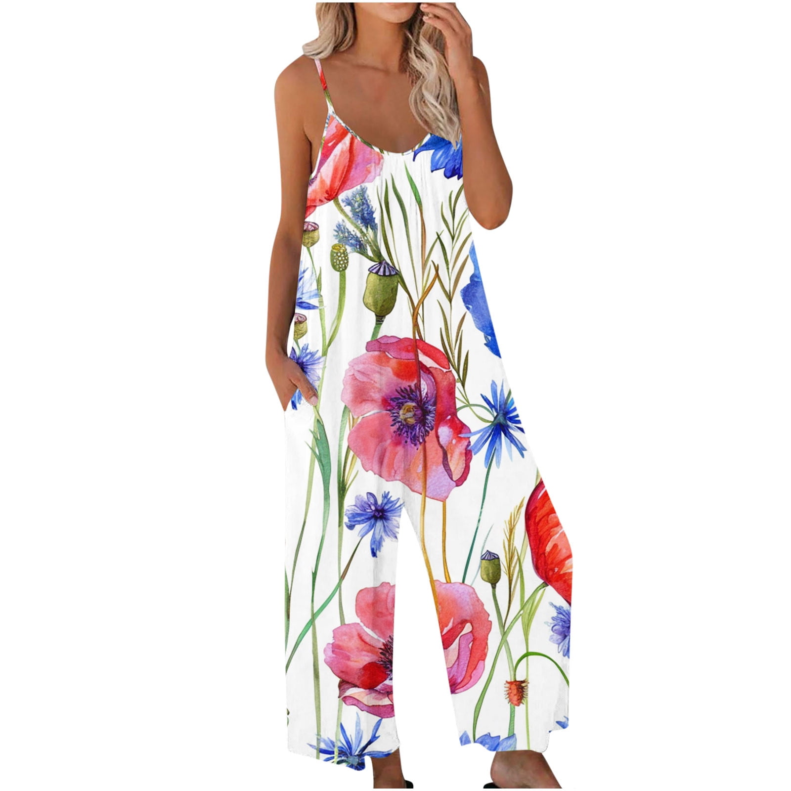 White Coveralls for Women Fall Summer Flower Graphic Loose Fit Lounge ...
