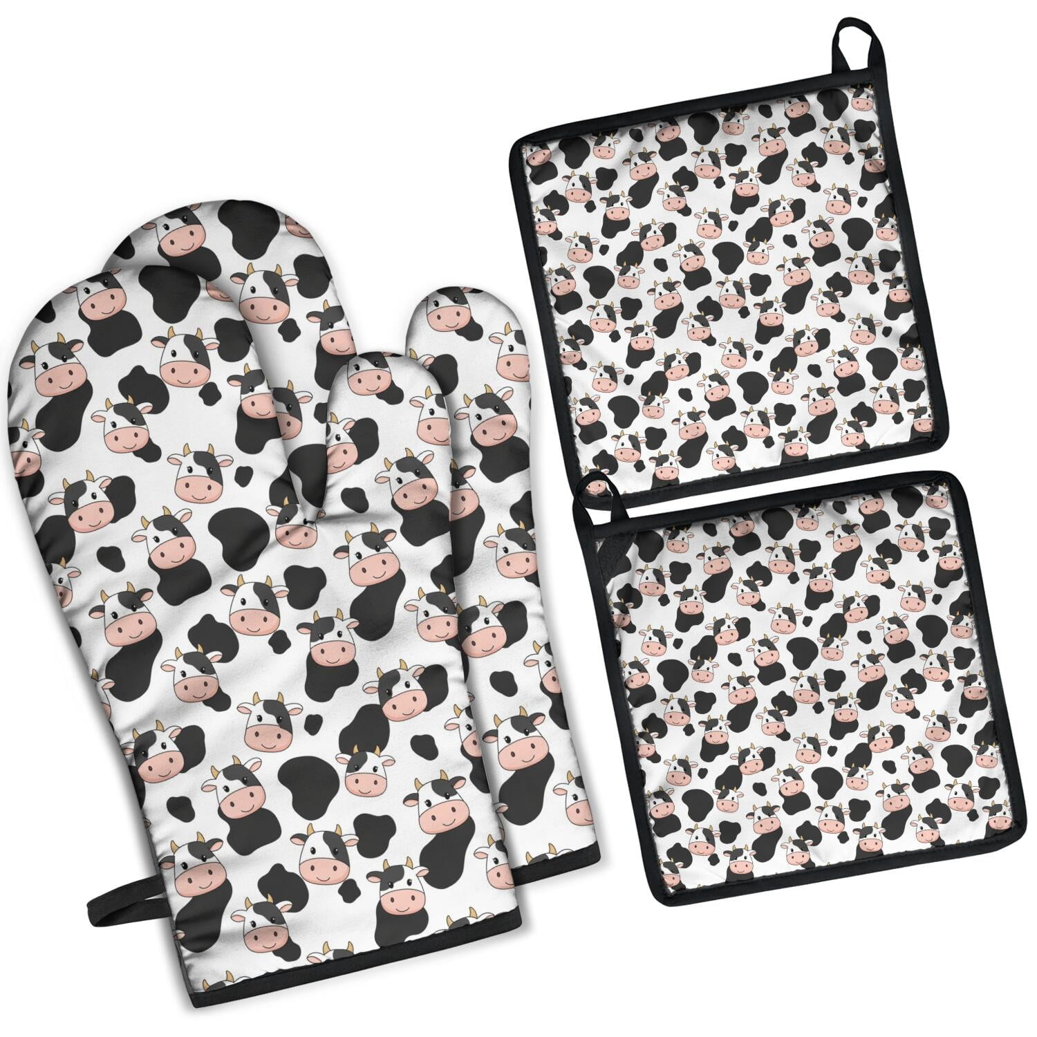 White Cow Black Shape Pattern Kitchen Oven Mitt and Pot Holder Sets 4 ...
