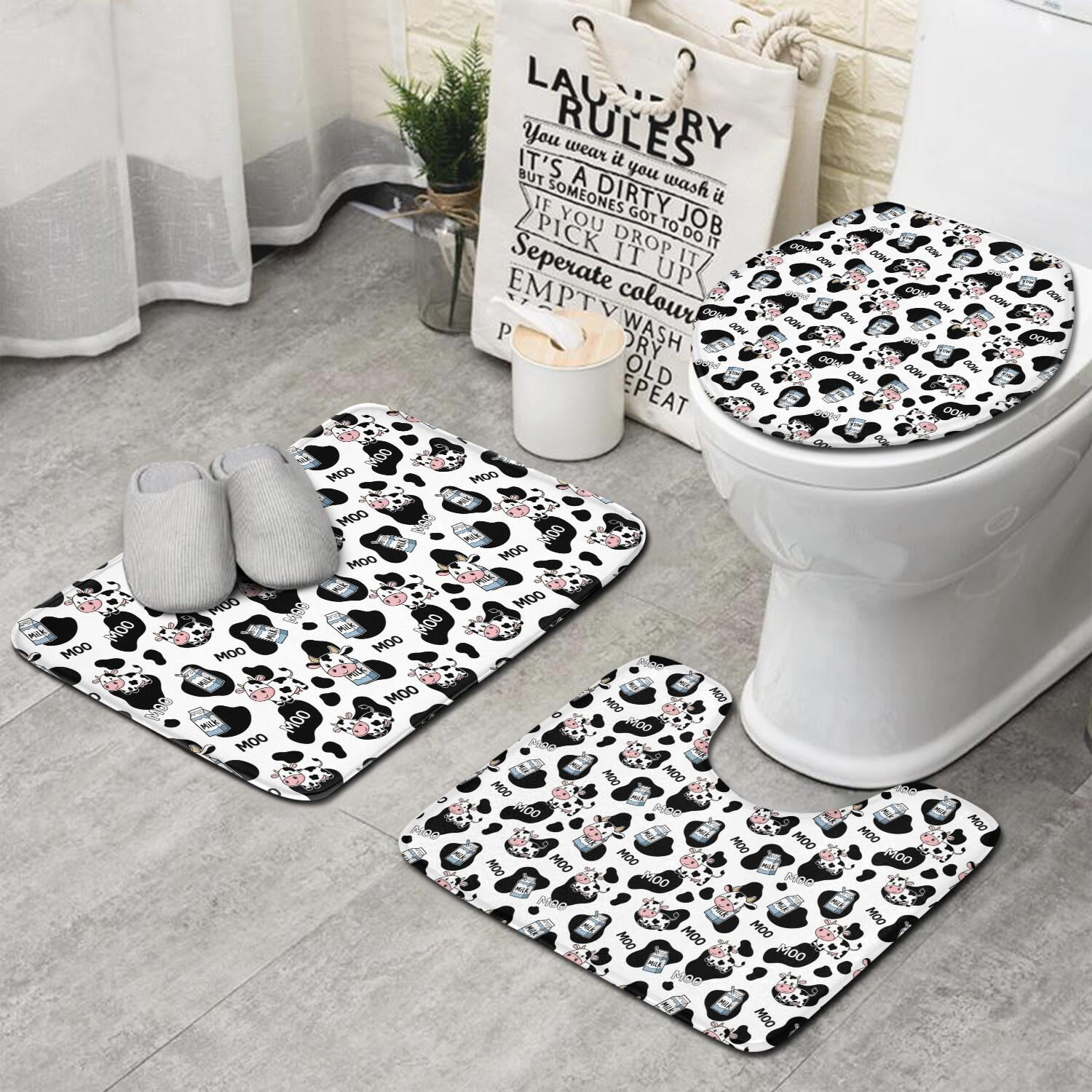 White Cow Black Spot Milk Pattern Bathroom Rugs Sets 3 Piece,Toilet ...