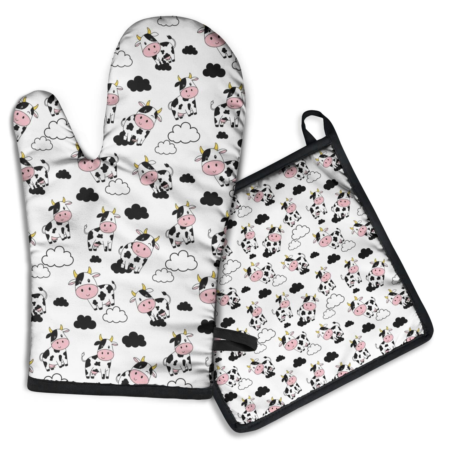 White Cow Cloud Pattern Kitchen Oven Mitt and Pot Holder Sets 2 Pcs for ...