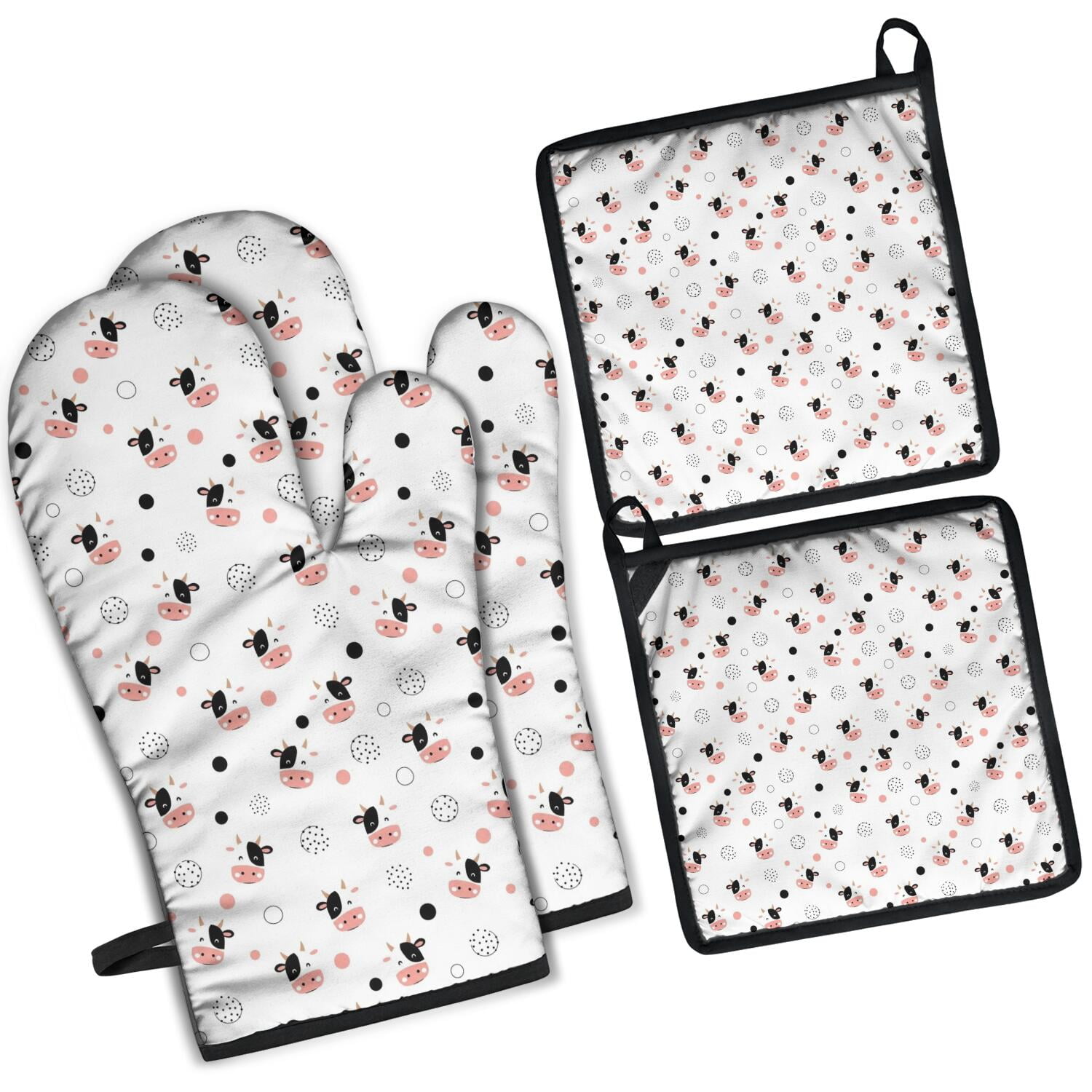 White Cow Cow Head Pattern Kitchen Oven Mitt and Pot Holder Sets 4 Pcs ...