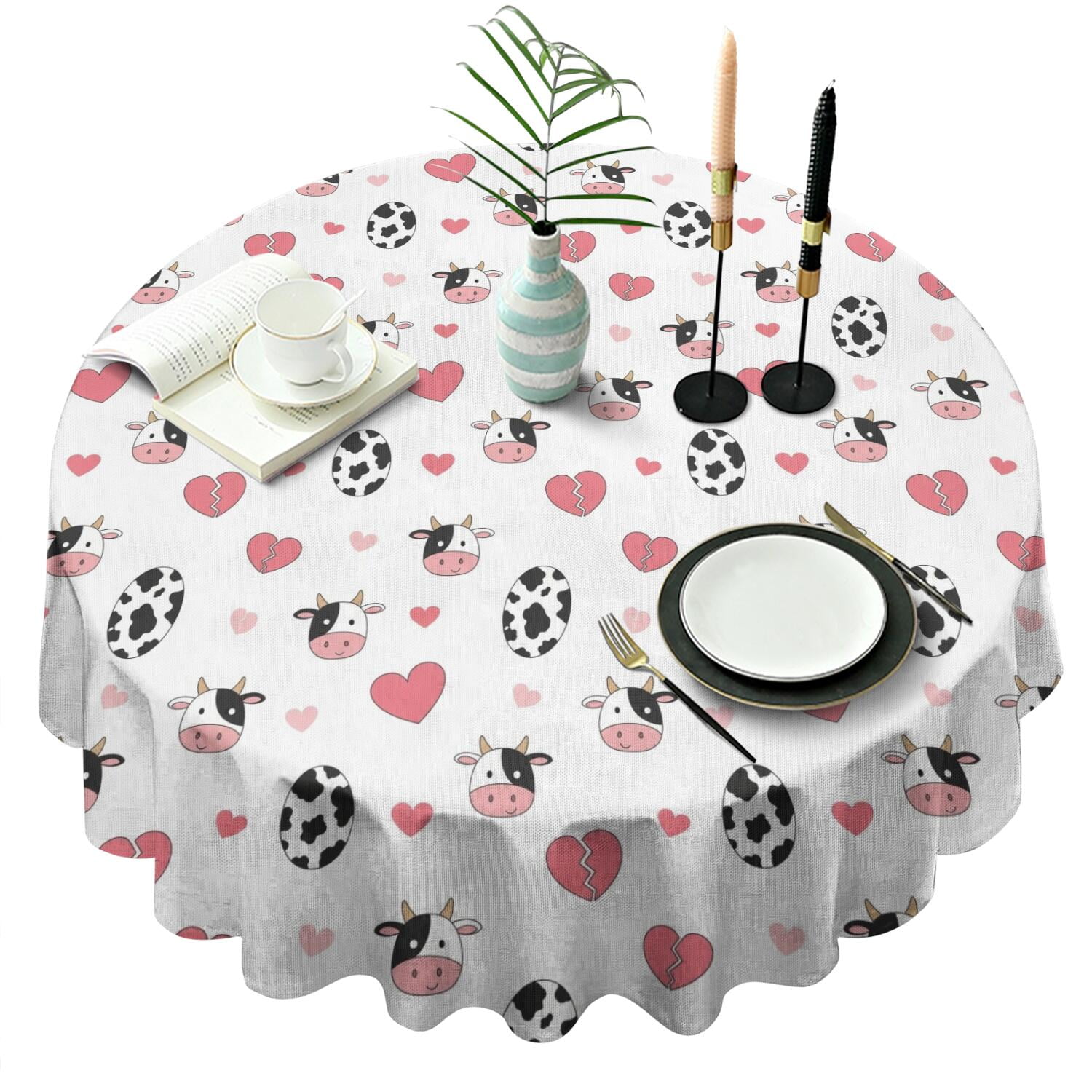White Cow Heart Egg Pattern Round Tablecloth 60"x60",Wrinkle Wipeable ...