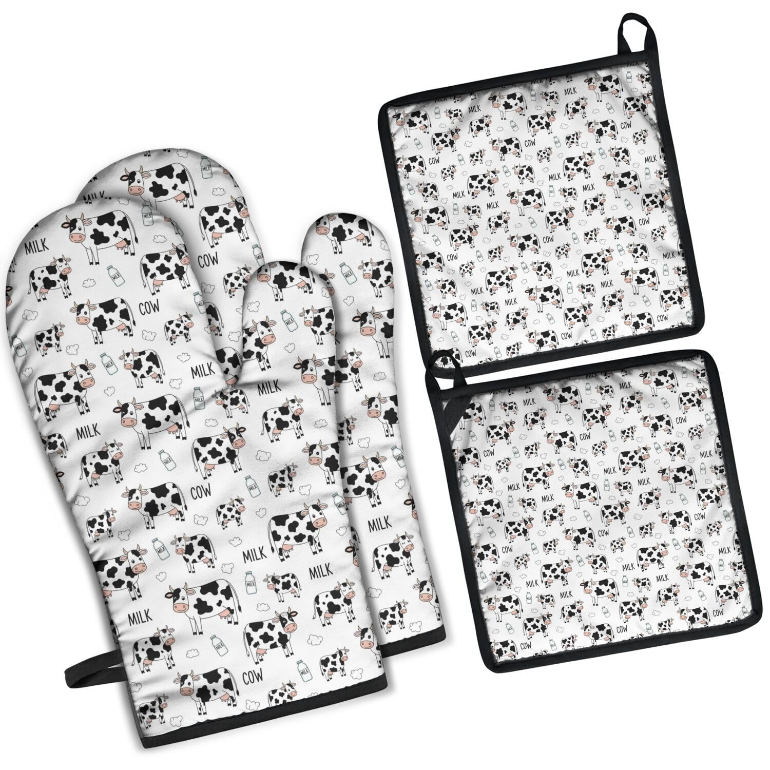 White Cow Milk Cow Pattern Kitchen Oven Mitt and Pot Holder Sets 4 Pcs ...
