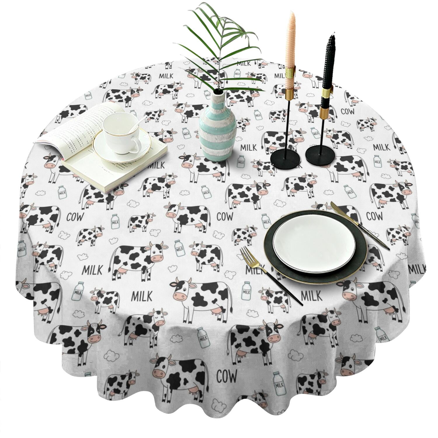 White Cow Milk Cow Pattern Round Tablecloth 60"x60",Wrinkle Wipeable ...