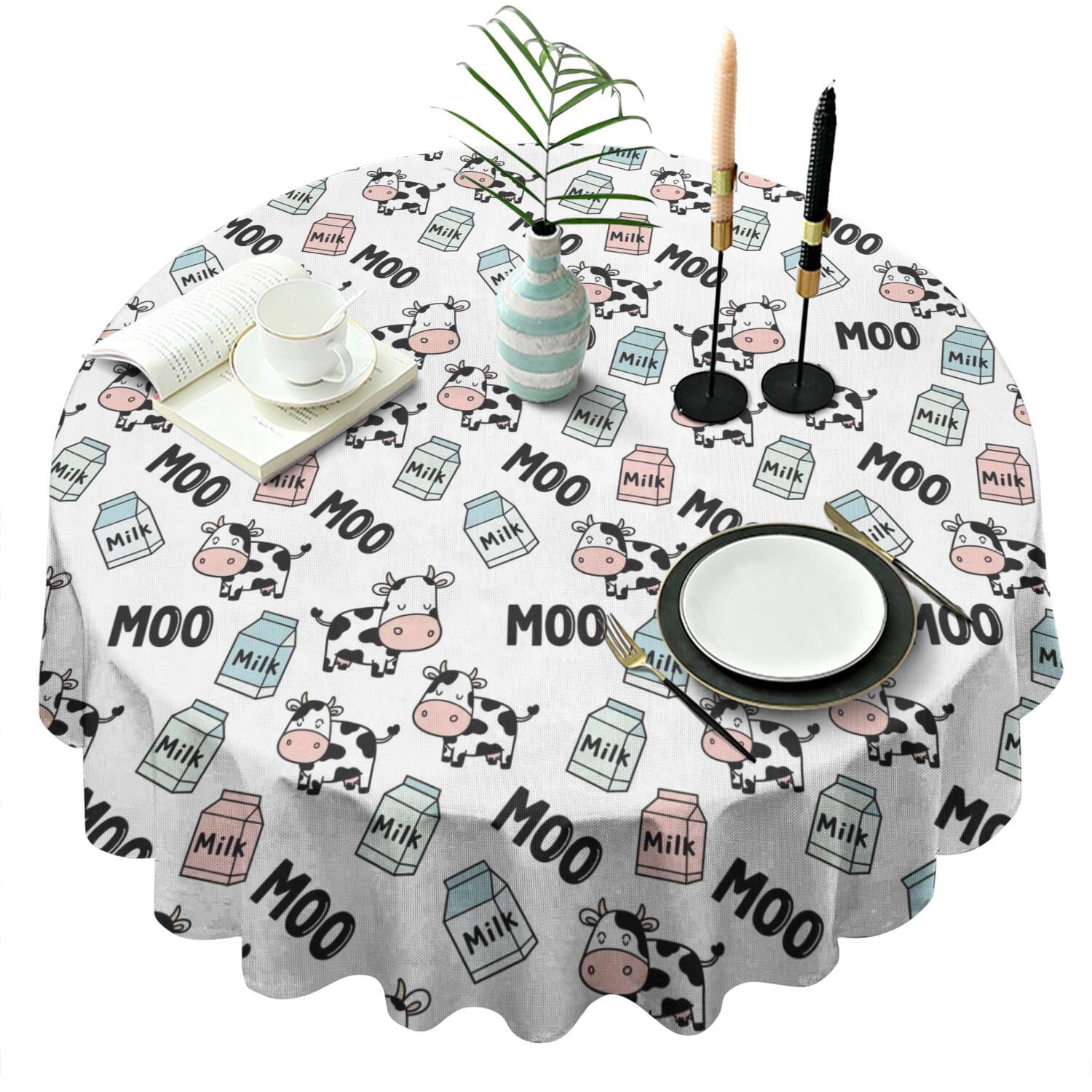 White Cow Milk Moo Pattern Round Tablecloth 60"x60",Wrinkle Wipeable ...