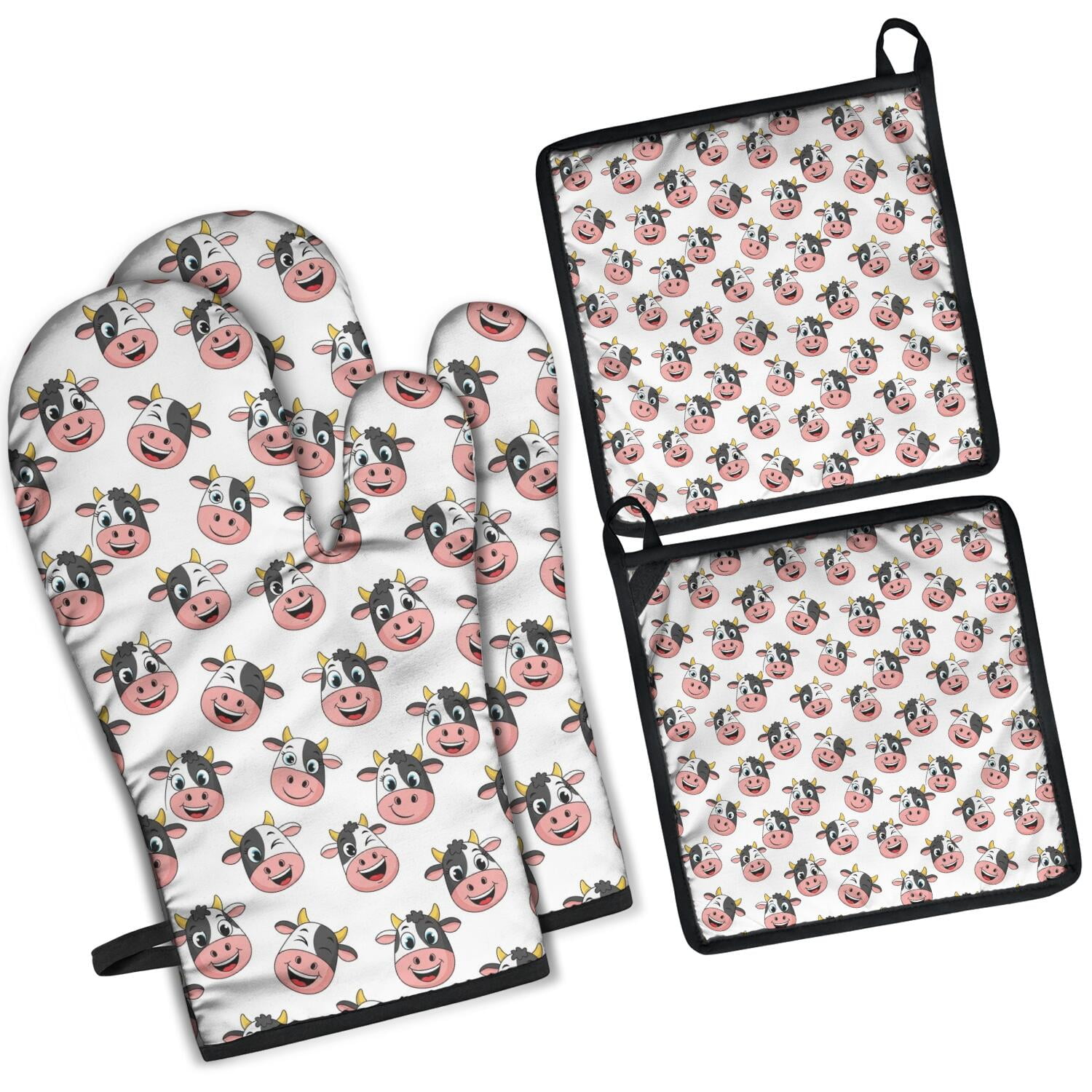 White Cow Smile Pattern Kitchen Oven Mitt and Pot Holder Sets 4 Pcs for ...